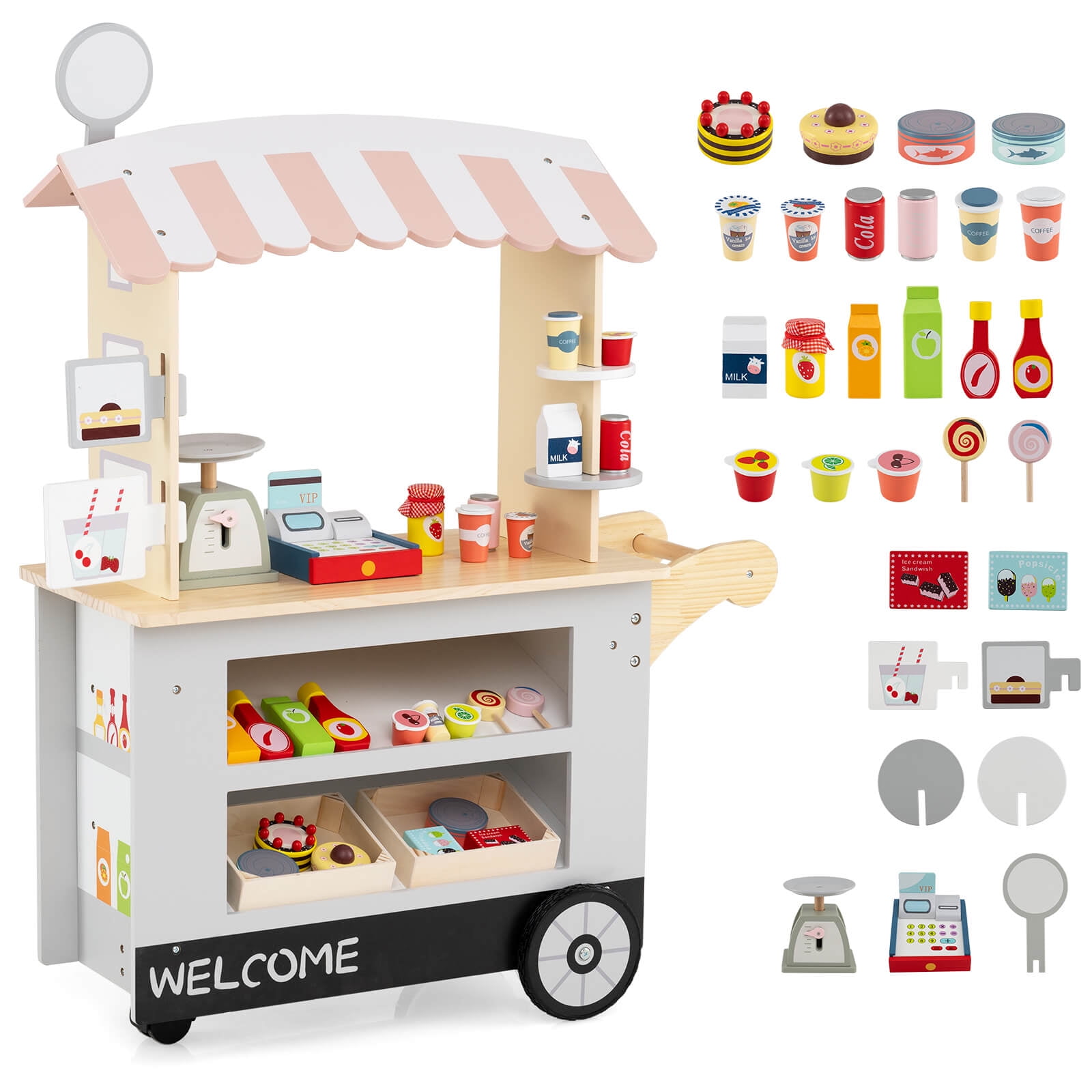 Costway Kids Snacks & Sweets Food Cart Kids Toy Cart Play Set with 30 ...