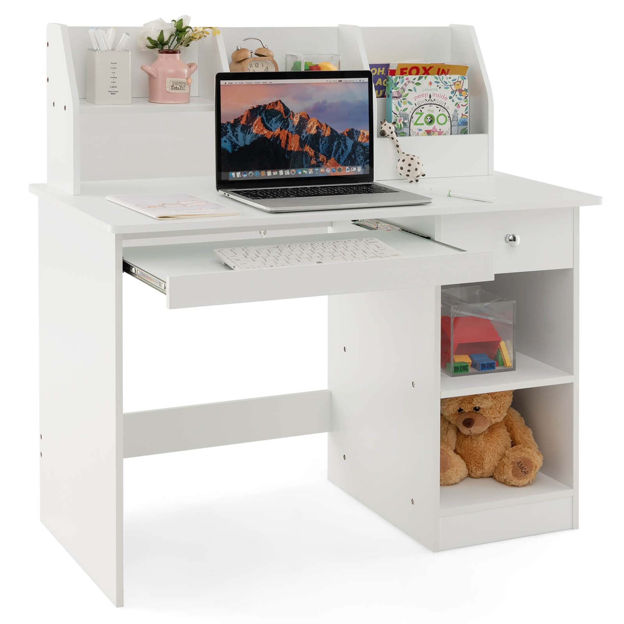 Costway Child Storage Functional Kids Study Desk with Hutch, Drawer ...