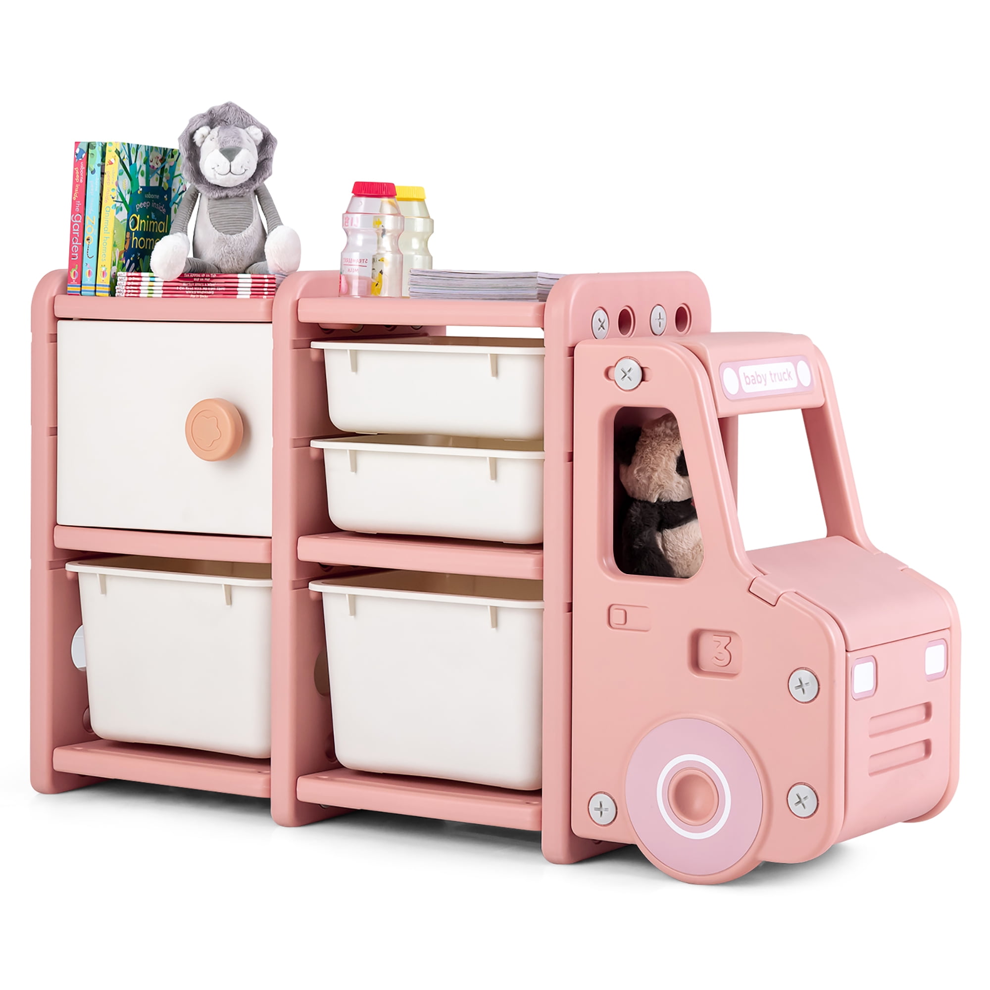 Costway Kids Toy Organizer, Toddler Pink Playroom Furniture w/ Plastic ...
