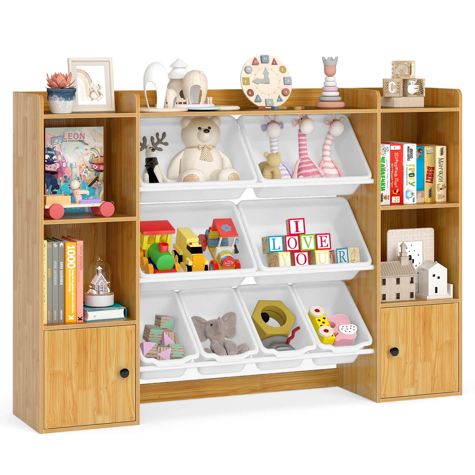 Costway Kids Toy Storage and Bookshelf with 8 Boxes Open Shelves & 2 ...