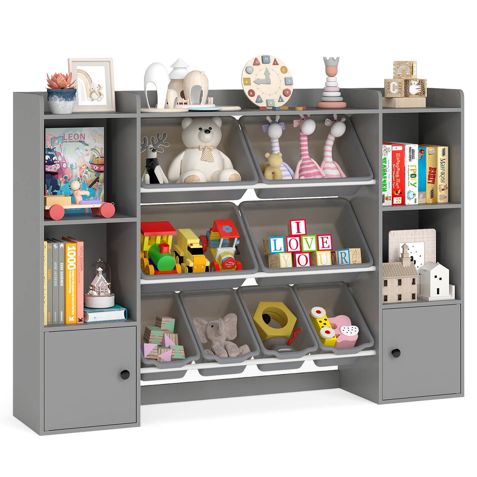 Costway Kids Toy Storage and Bookshelf with 8 Boxes Open Shelves & 2 ...