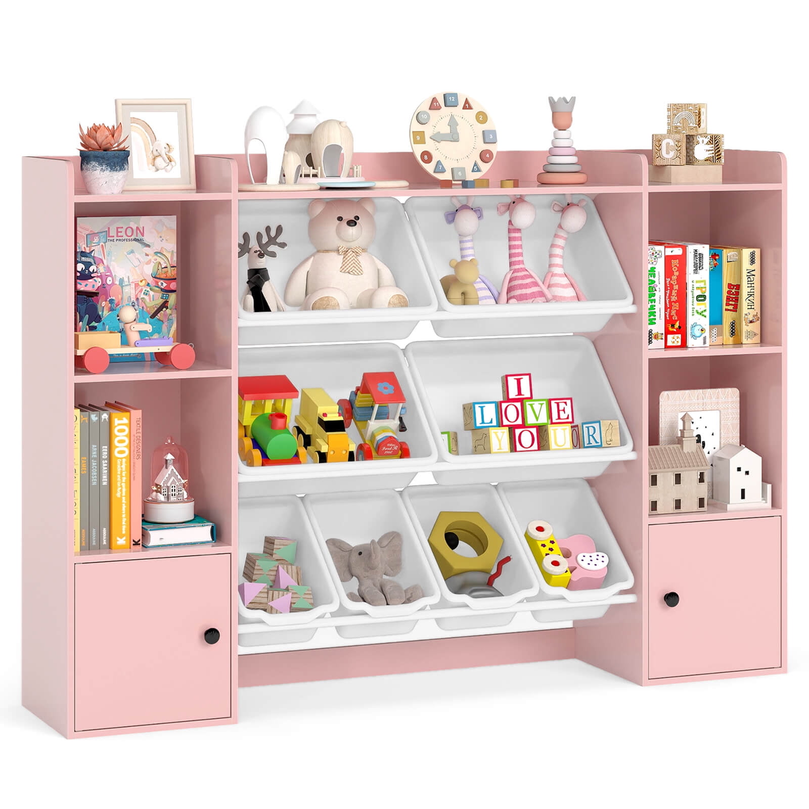 Costway Kids Toy Storage and Bookshelf with 8 Boxes Open Shelves & 2 ...