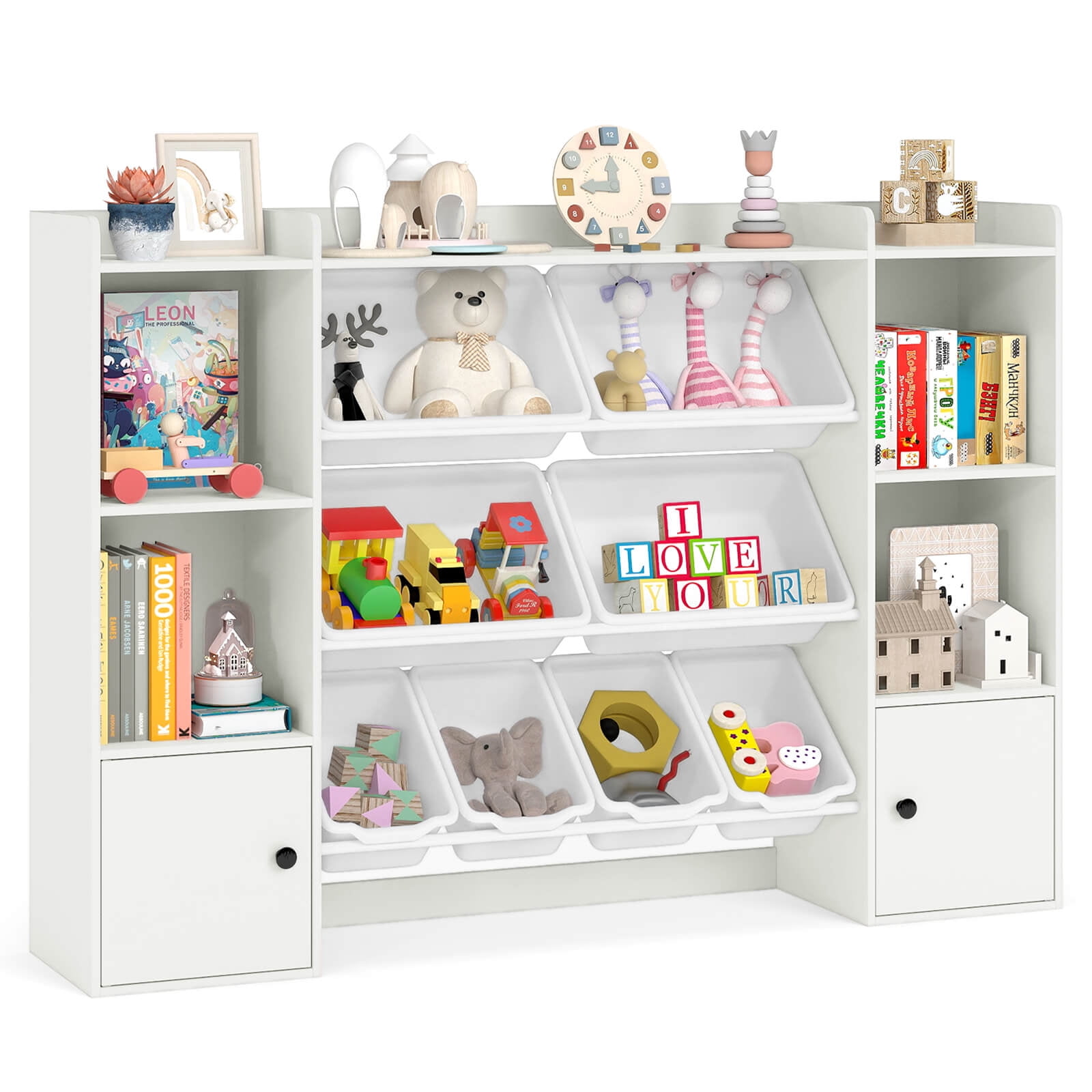 Costway Kids Toy Storage and Bookshelf with 8 Boxes Open Shelves & 2 ...