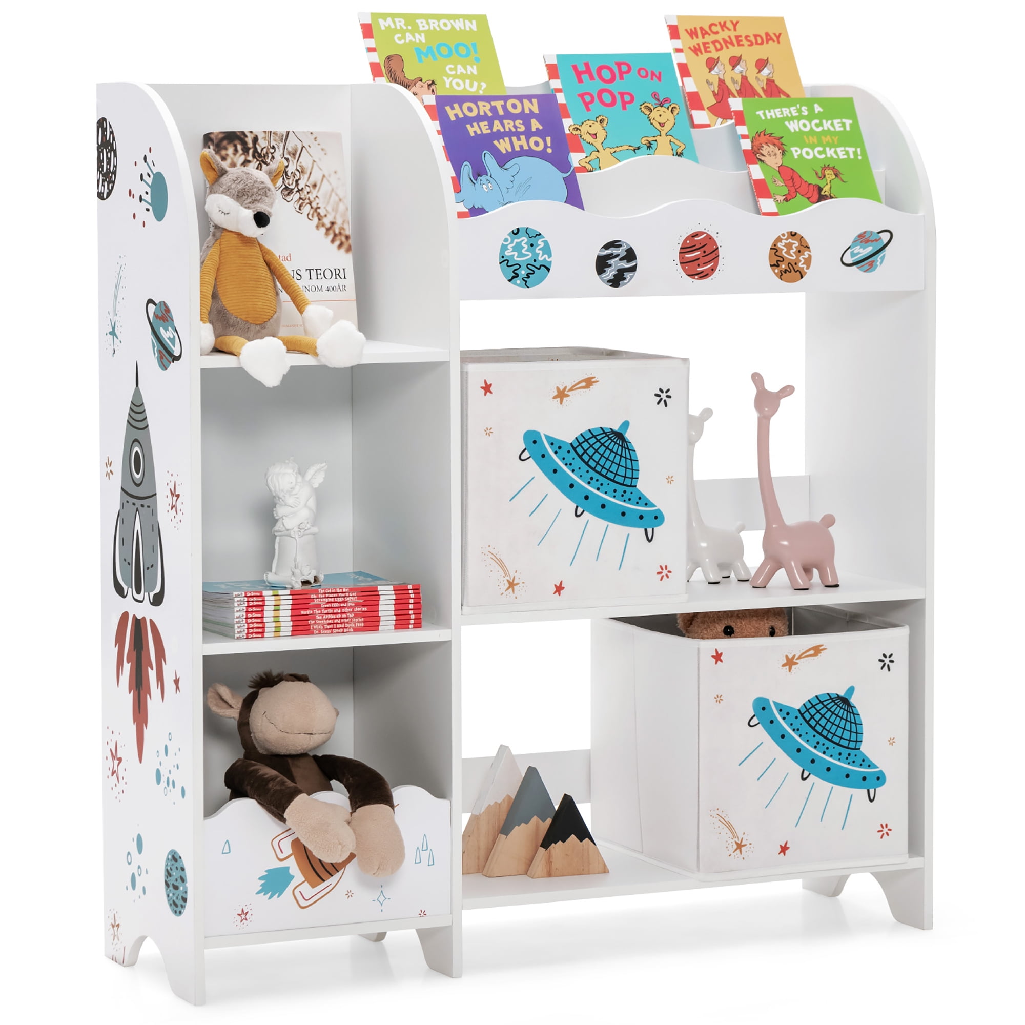 Costway Kids Bookshelf and Toy Box, Wooden Bookcase and Storage Cabinet ...