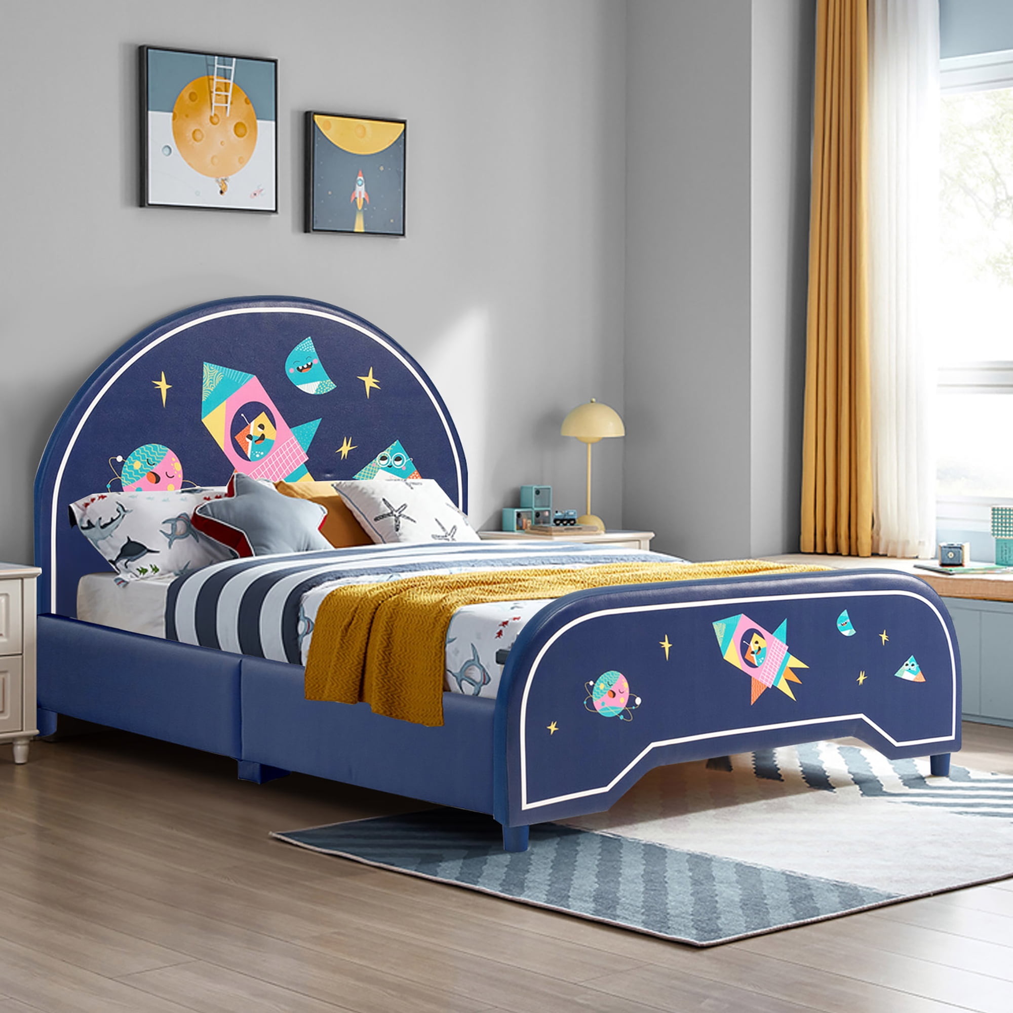 Costway Twin Size Kids Upholstered Platform Bed, Wooden with Rocket ...