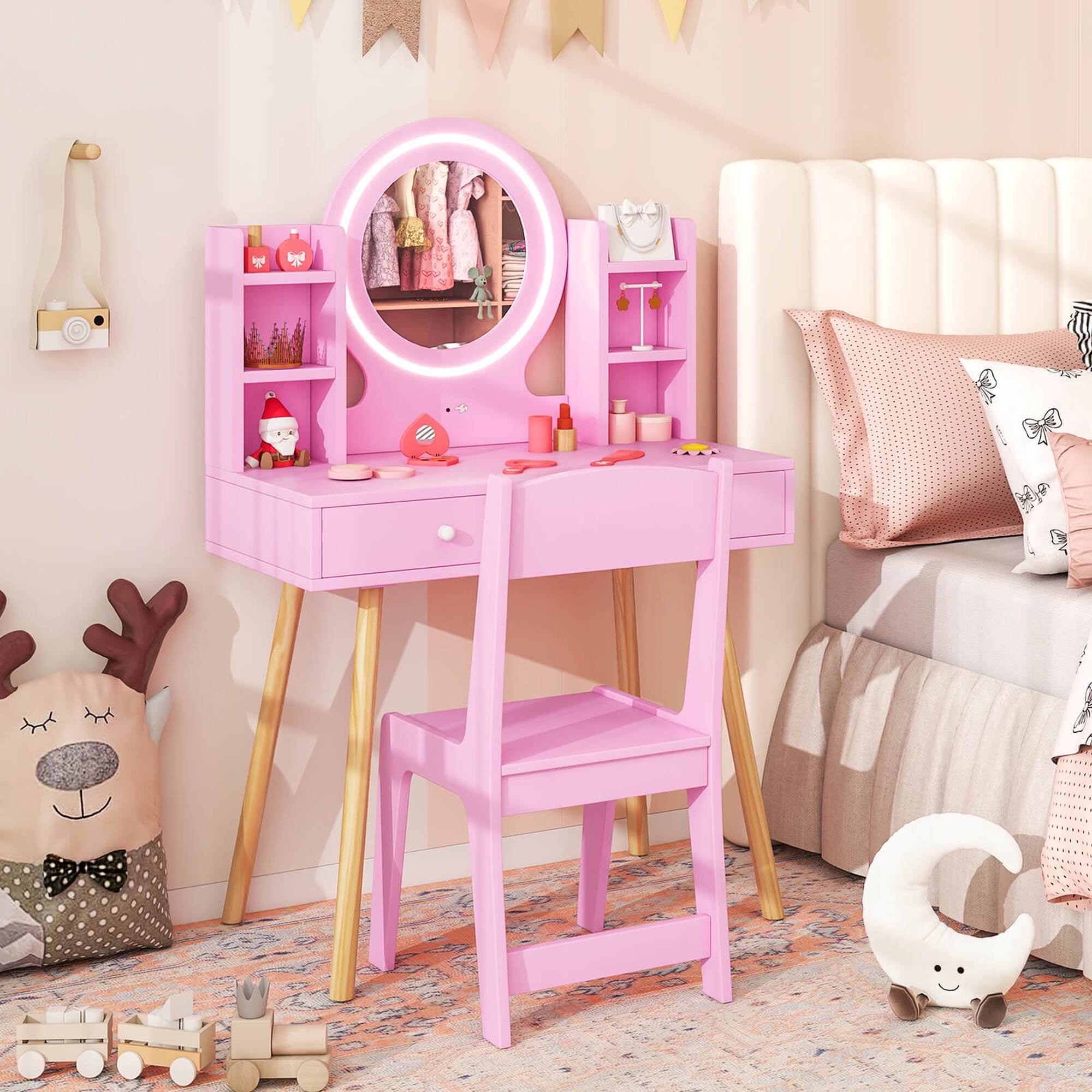 Costway Kids Vanity Set Princess Vanity Desk Set with 2-Color LED ...