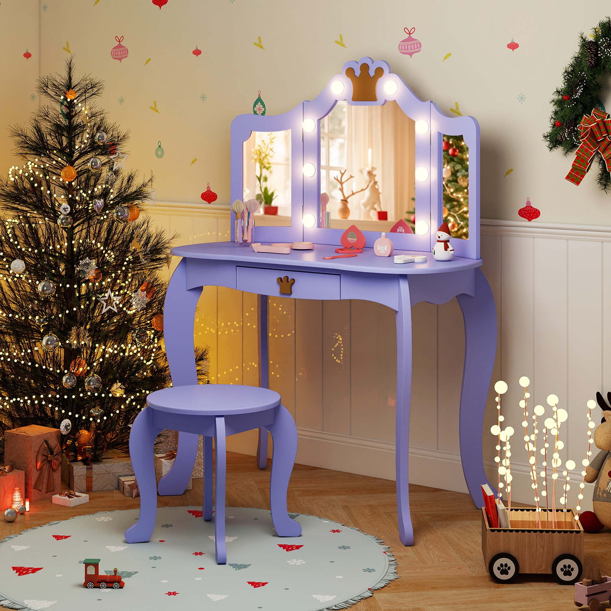 Costway Kids Vanity Set Princess Vanity Table & Chair Set with Lighted ...