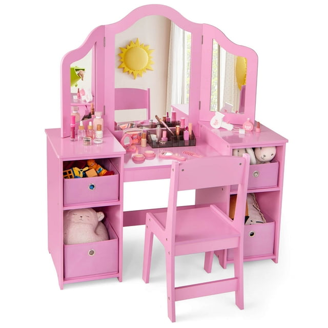 Costway Kids Vanity Table & Chair Set 2-in-1 Princess Pretend Play ...
