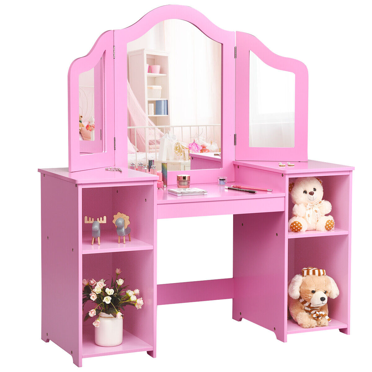 Costway Kids Vanity Table Set Girls Makeup Dressing Table W/ Folding ...