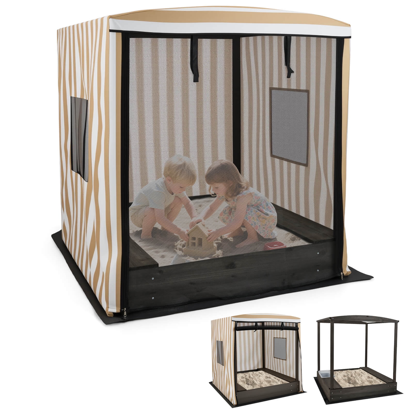 Costway Kids Wooden Sandbox with Canopy Mesh Door Windows Bench Seats ...