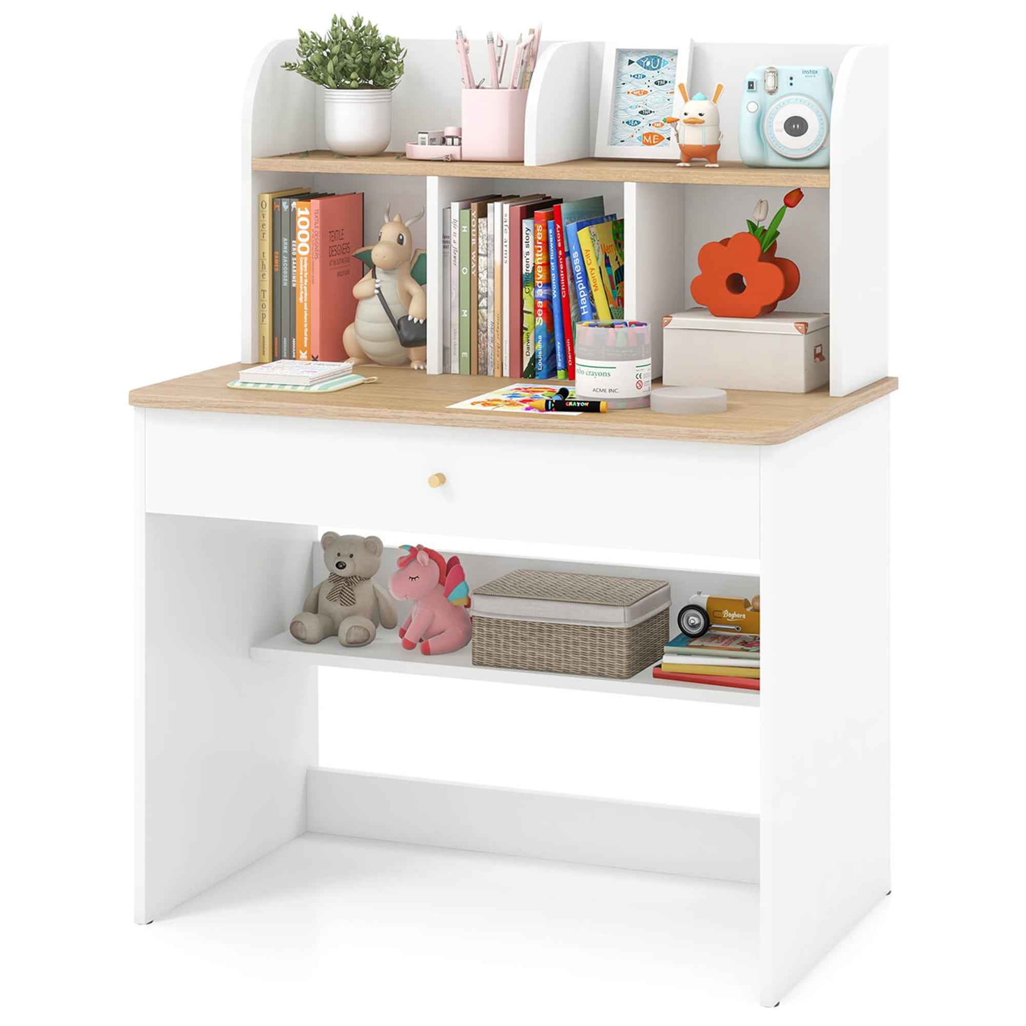 Costway Kids Wooden Study Desk Children Writing Table with Hutch ...