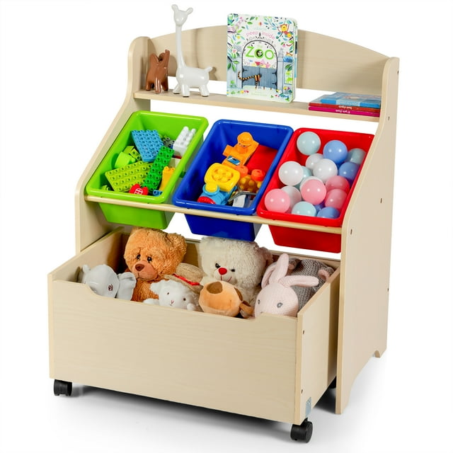 Costway Sturdy Wooden Toy Box Storage Unit Organizer with Rolling Toy ...