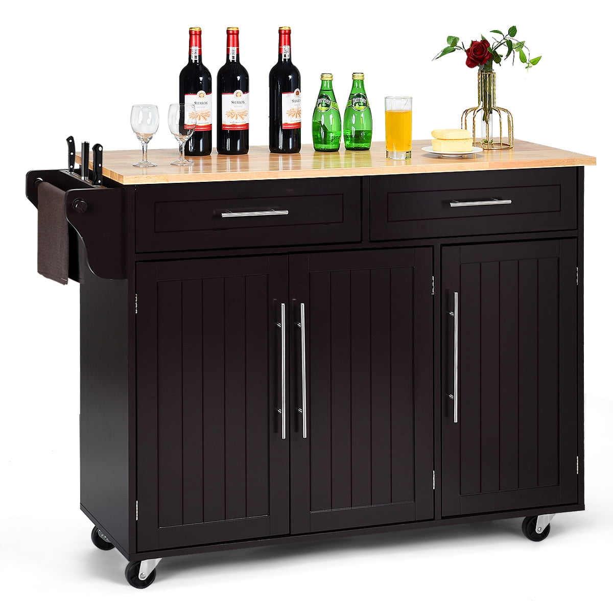 Costway Kitchen Island Trolley Wood Cupboard Cart Top Rolling Storage ...