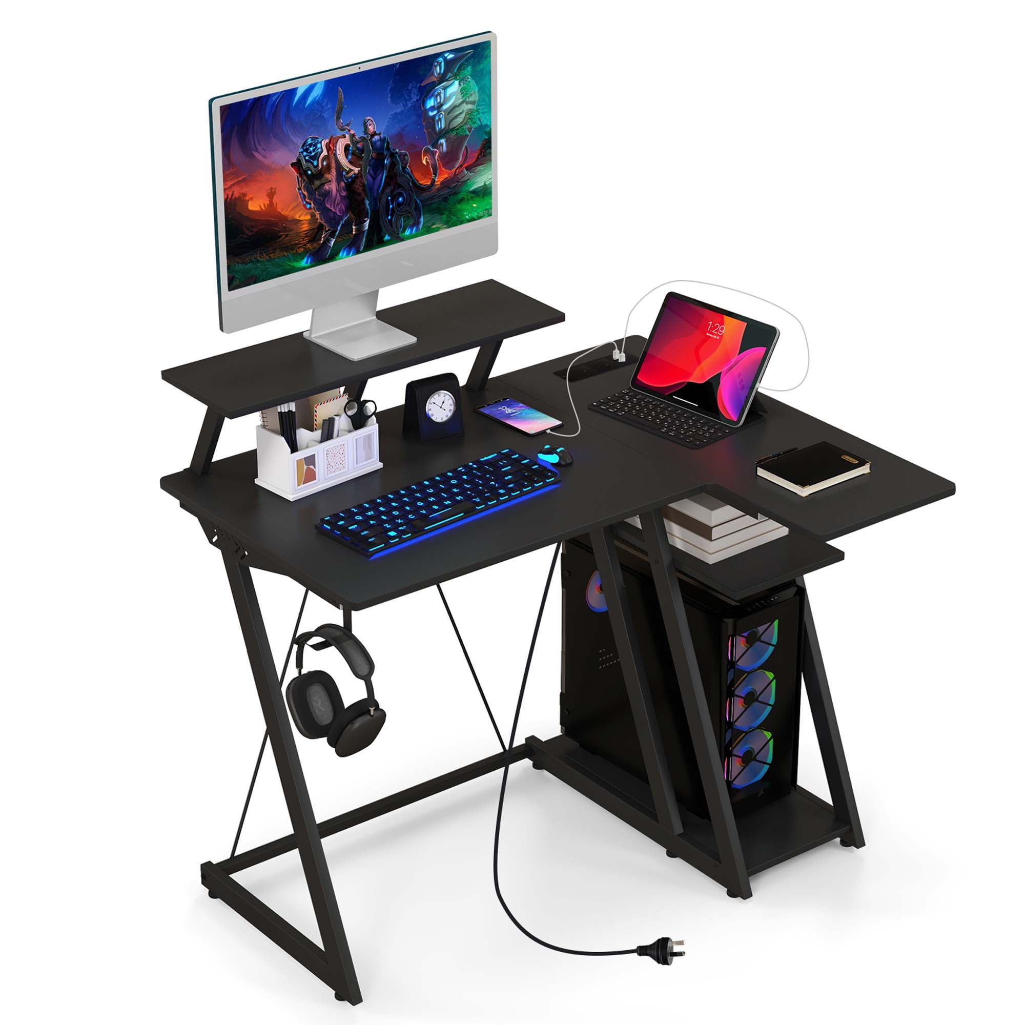 Costway L Shaped Gaming Desk with Outlets & USB Ports Monitor Shelf ...