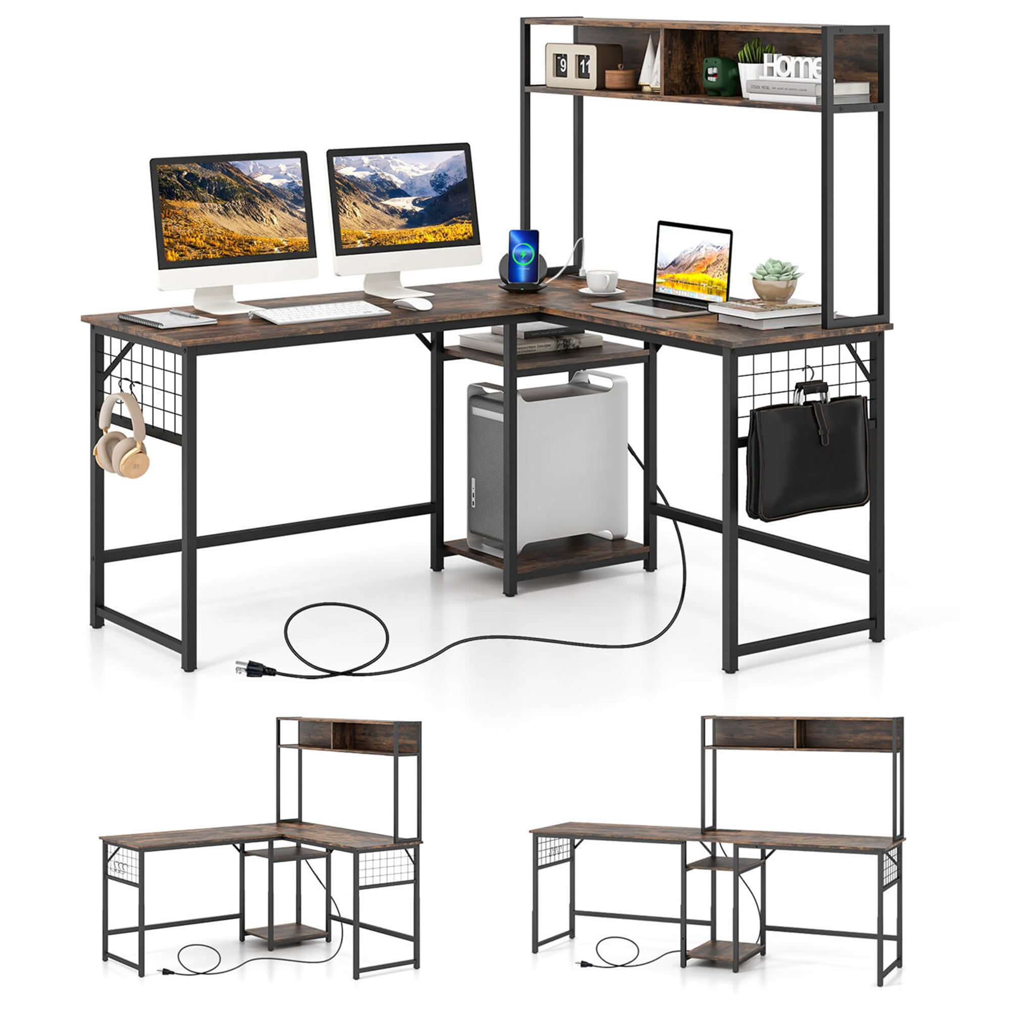 Costway L-shaped Desk with Power Outlet Large Corner Desk Converts to 2 ...