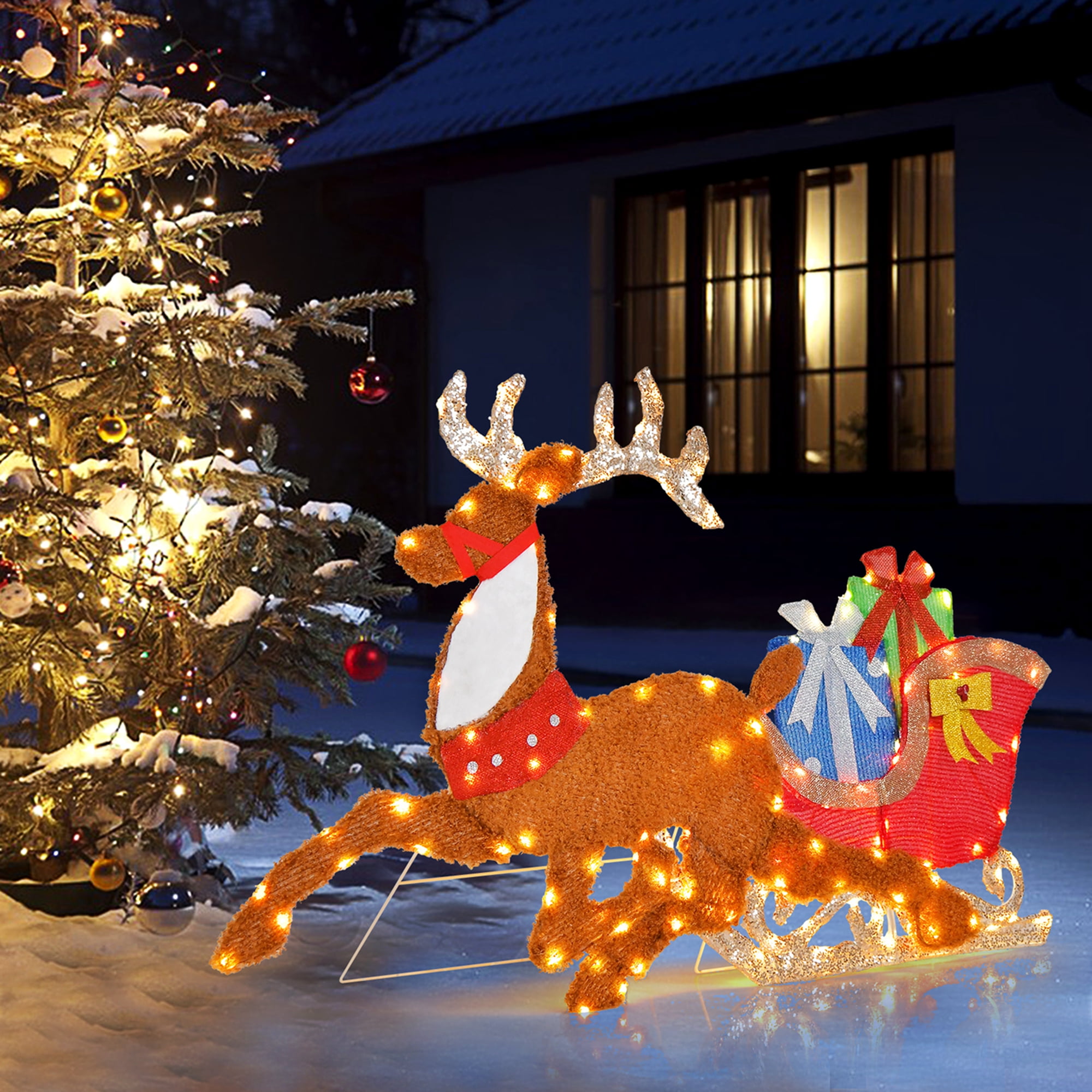 Costway Lighted 2D Christmas Reindeer and Sleigh Decoration Pre-Lit ...