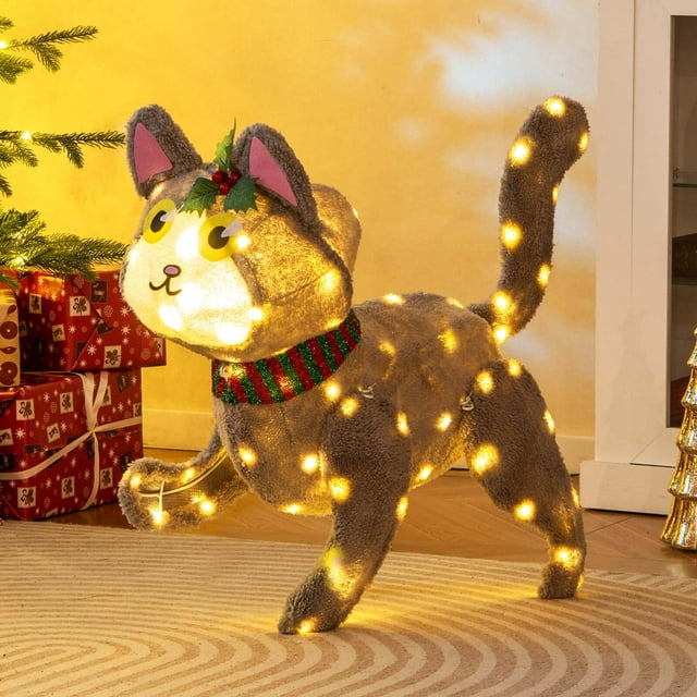Costway Lighted Christmas Cat with 88 LED Lights 4 Ground Stakes Cable ...
