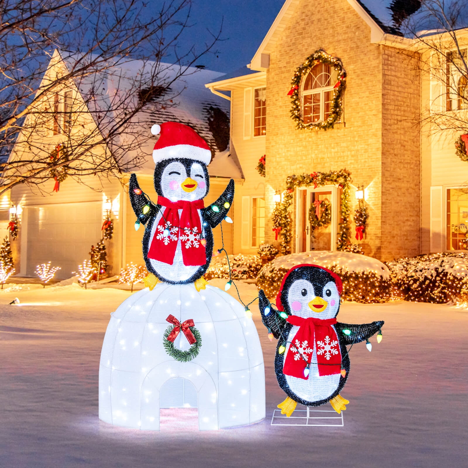 Costway Lighted Christmas Decoration Penguins Igloo 170 White LED ...