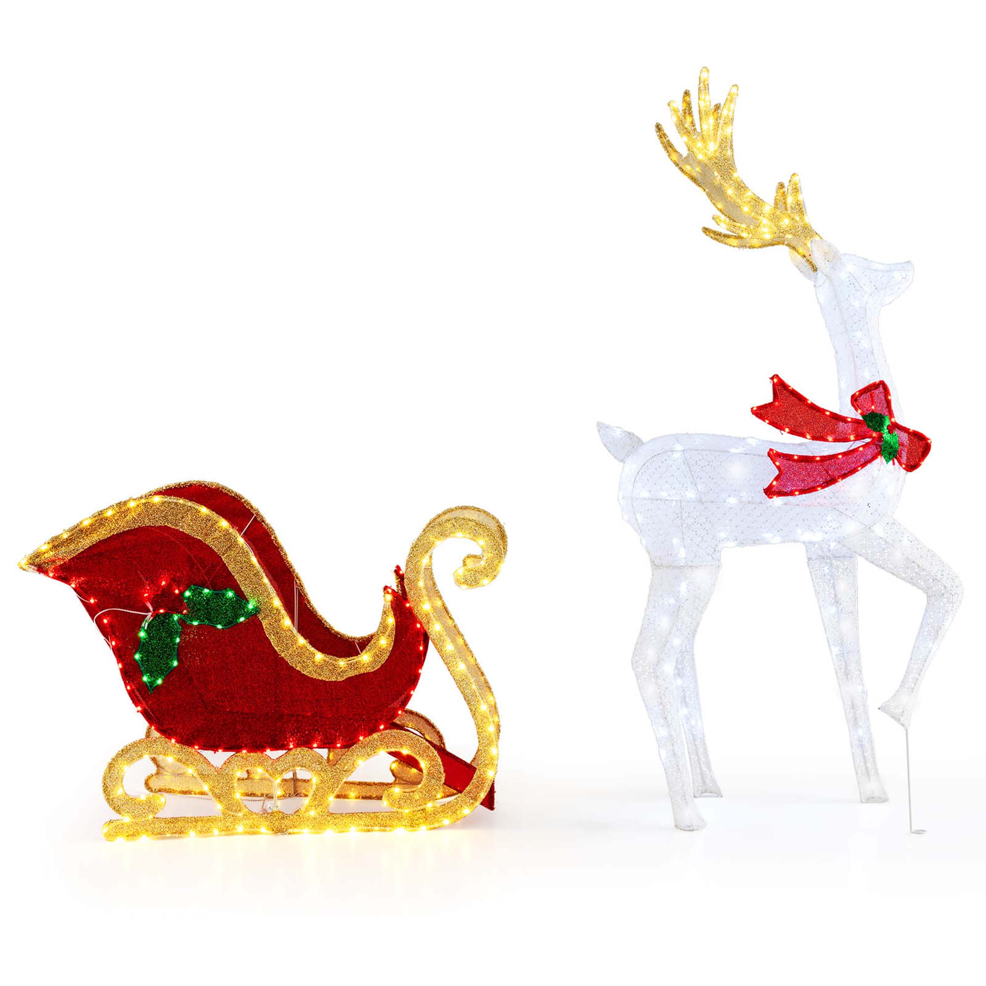 Costway Lighted Christmas Reindeer & Sleigh Set Light-up Xmas ...