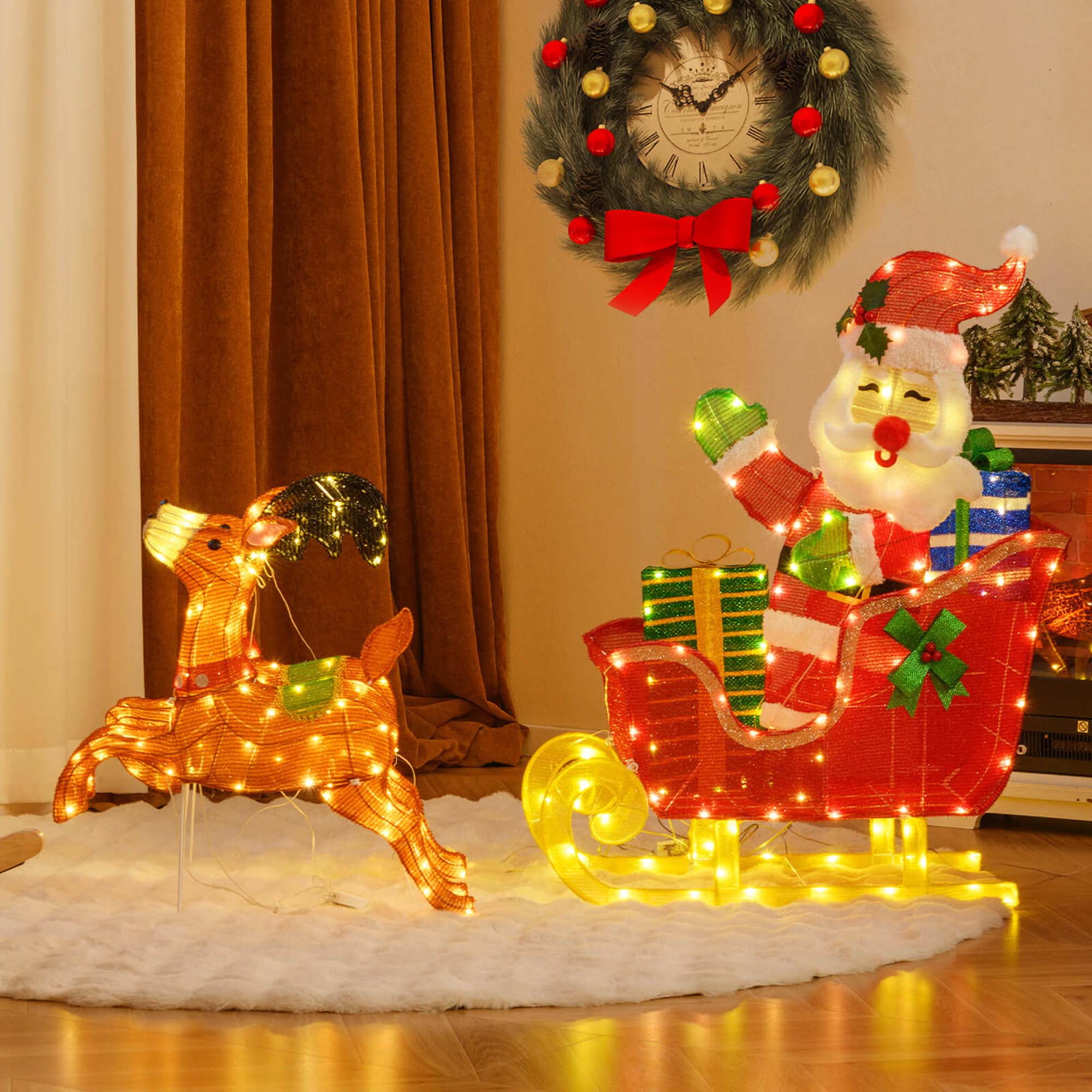 Costway Lighted Christmas Santa Claus with Reindeer LED Lights 12 ...