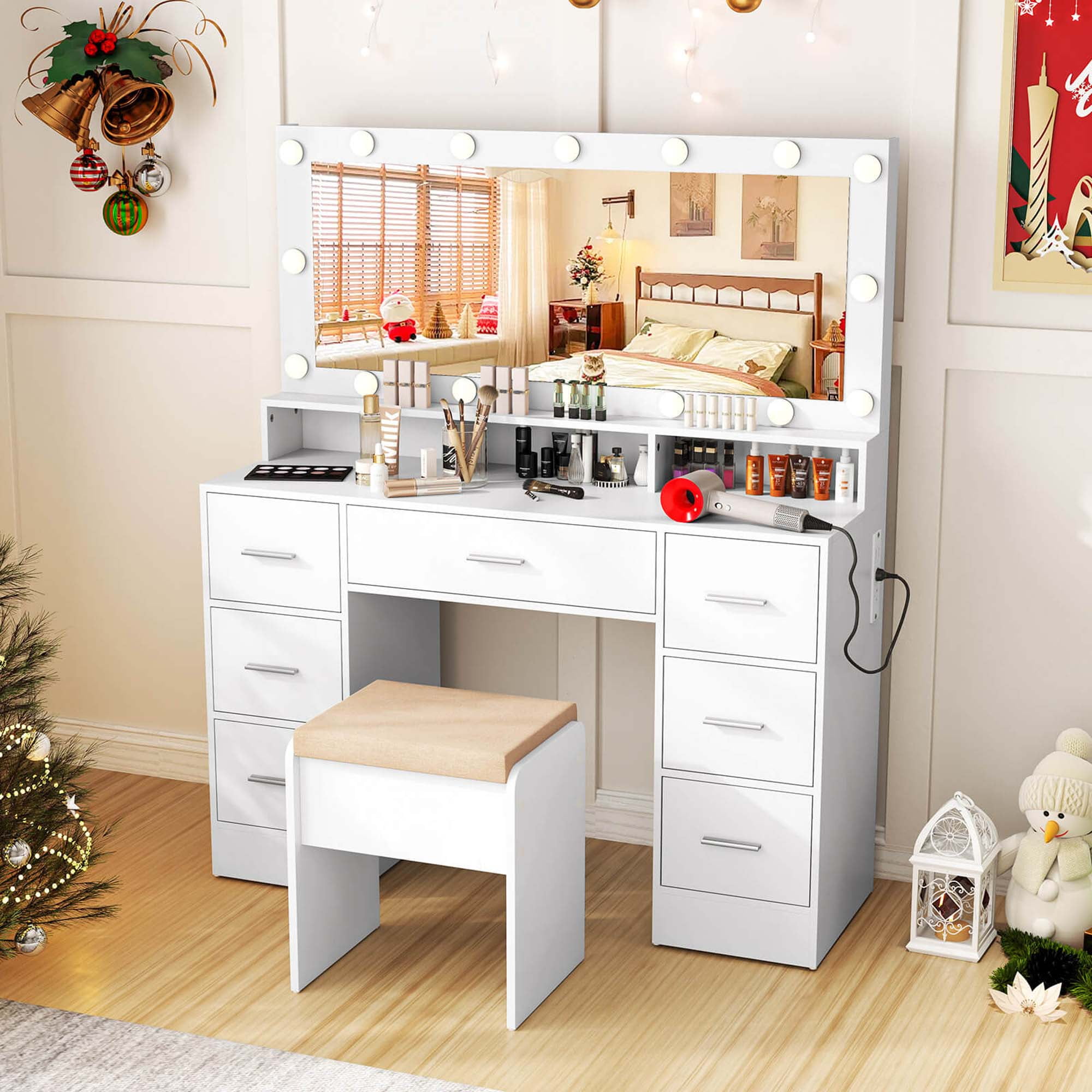 Costway Makeup Vanity Desk with Mirror and Lights Charging Station 3 ...