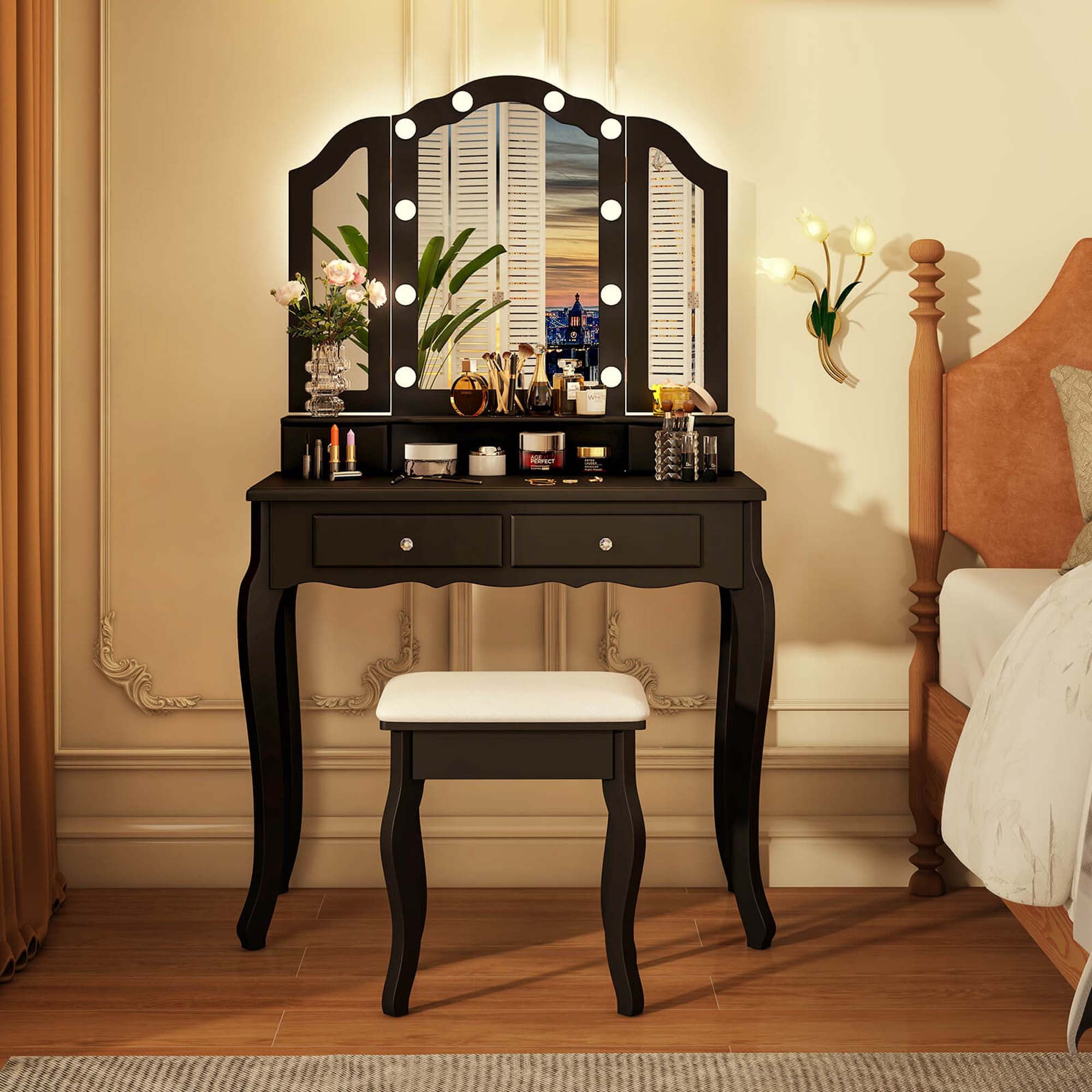 Costway Makeup Vanity Set with Tri-Fold Mirror & LED Lights 4 Drawers ...