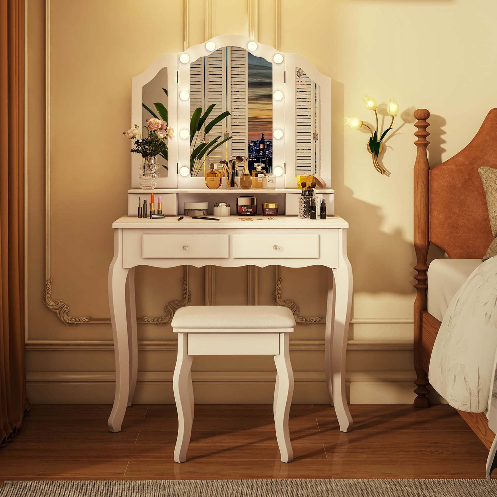 Costway Makeup Vanity Set with Tri-Fold Mirror & LED Lights 4 Drawers ...