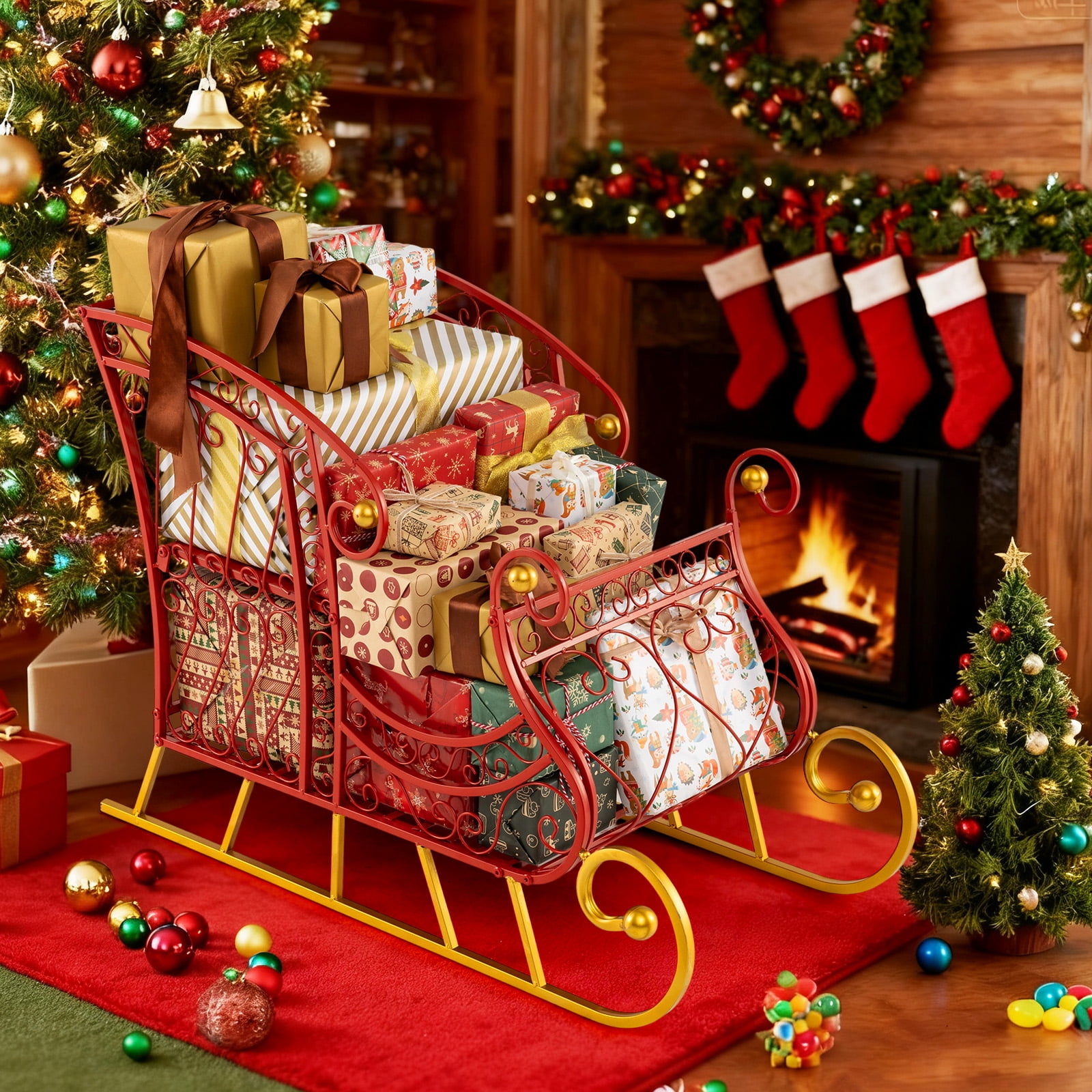 Costway Metal Christmas Santa Sleigh Basket Festive Decorative Sleigh ...
