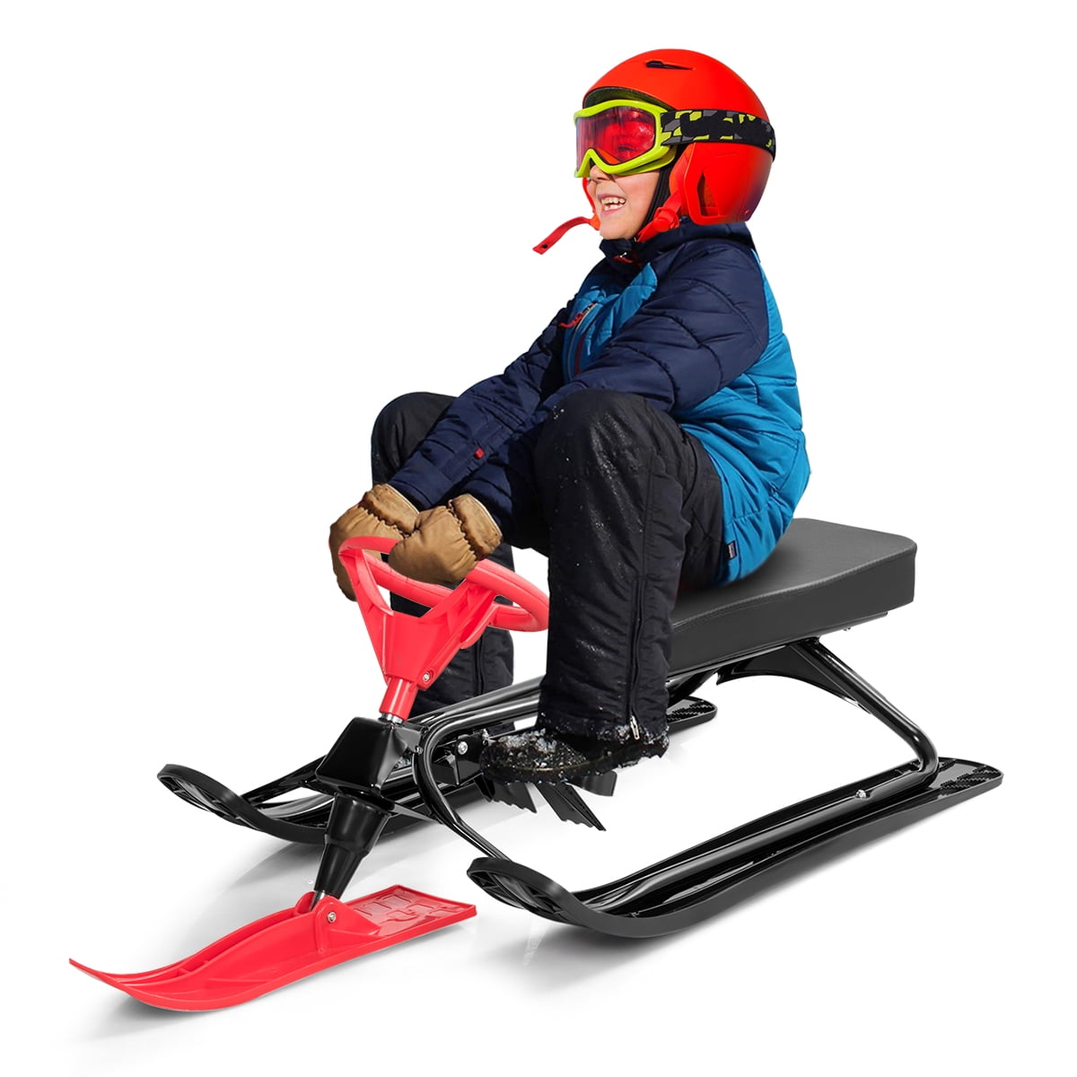 Costway Kids Snow Racer Sled with Metal Frame, Steering Wheel, Foot ...