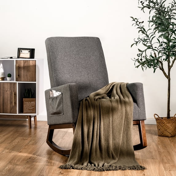 Costway Mid Century Modern Tufted Rocking Chair, Gray - Wood ...