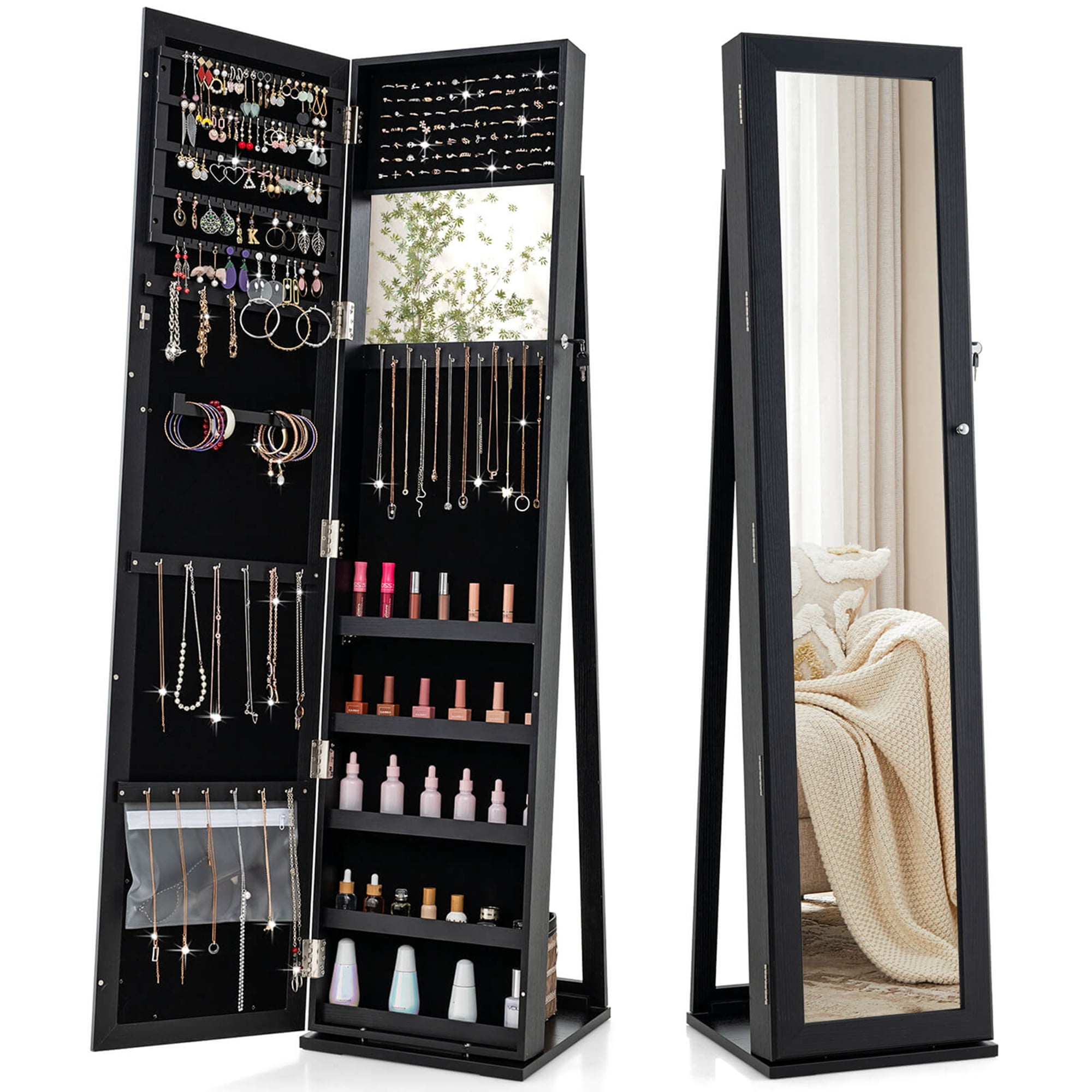 Costway Mirrored Jewelry Cabinet Armoire Lockable Standing Storage ...