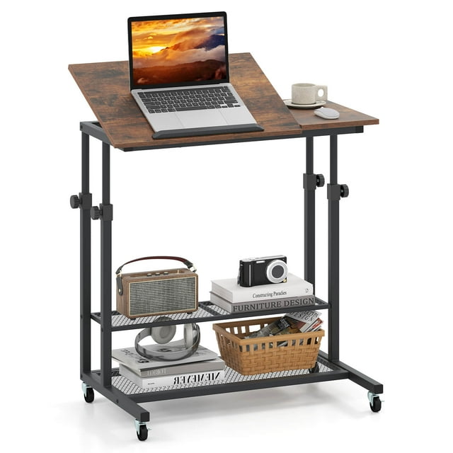 Costway Mobile Stand up Desk with Tilting Tabletop Storage Shelves ...
