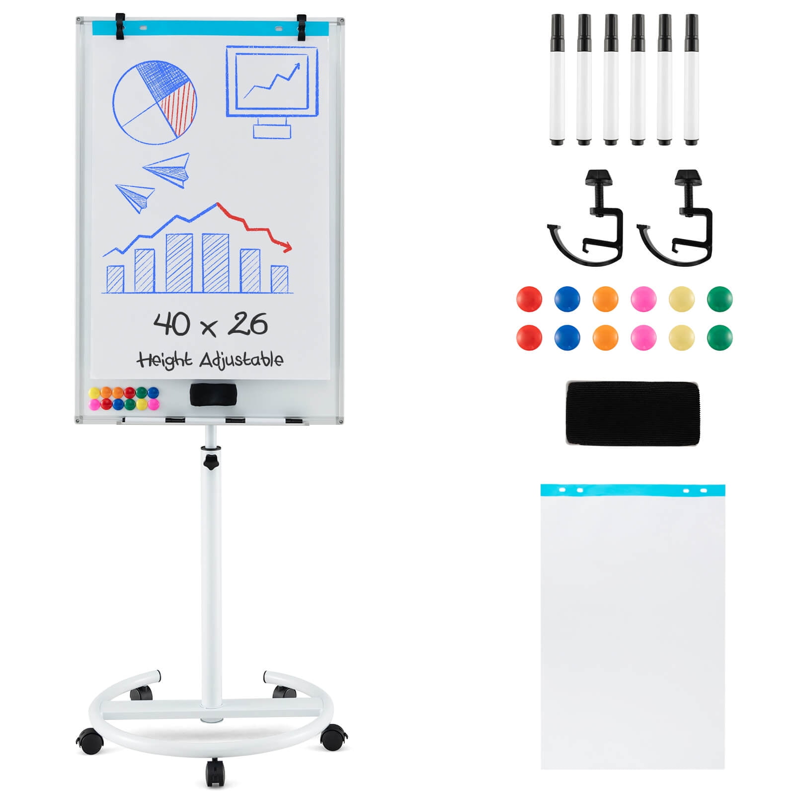 Costway Mobile Whiteboard 40" x 26" Height Adjustable Magnetic Dry ...