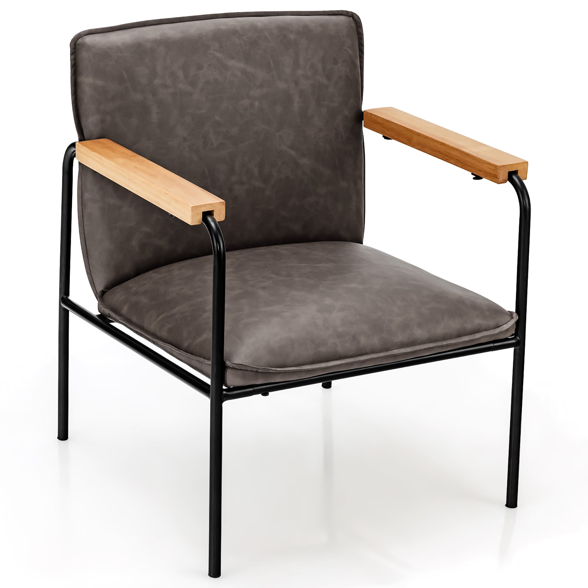 Costway Modern Accent Chair Arm Chair PU Leather W/Rubber Wood Armrest ...