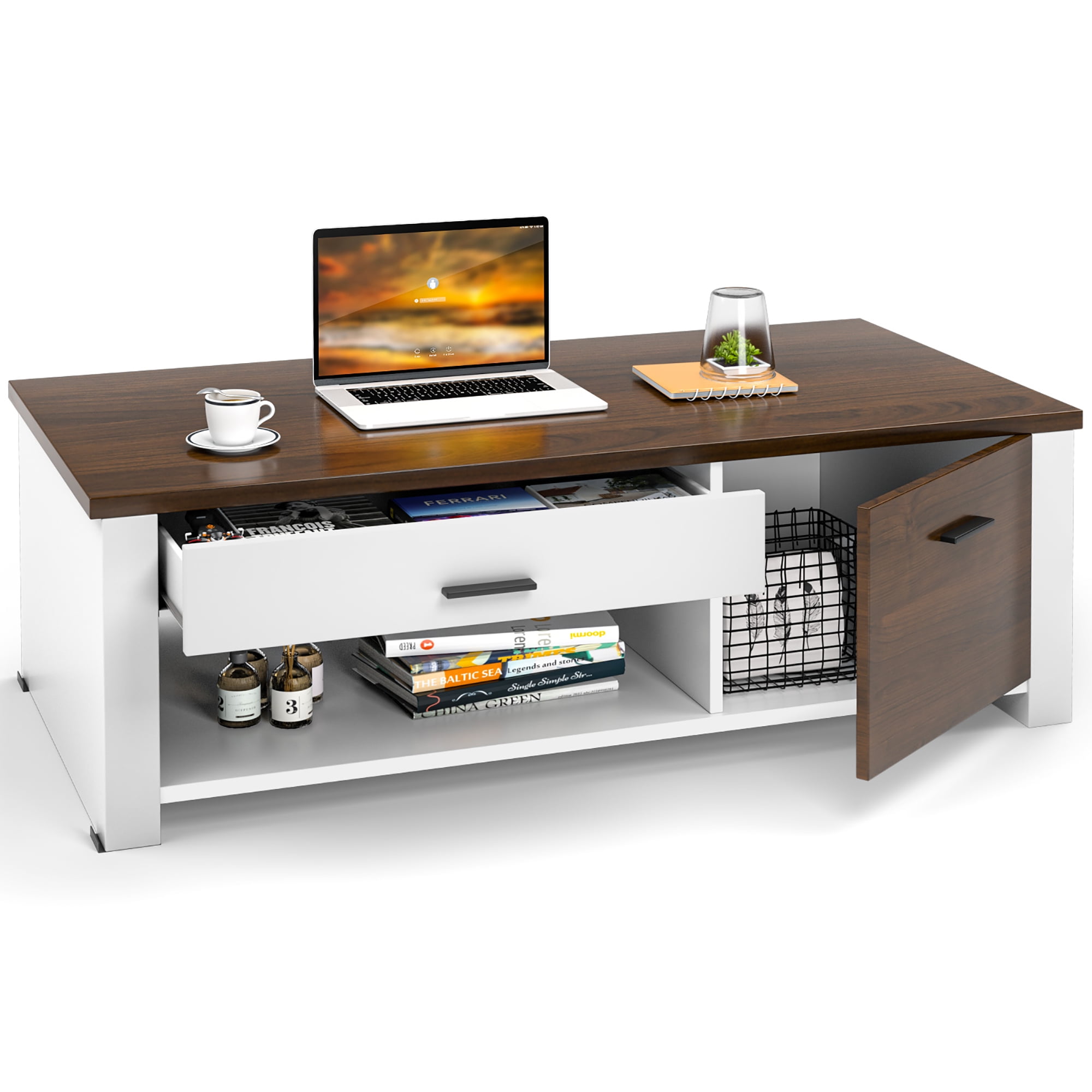 Costway Modern Coffee Table with Storage Drawers & Compartments for ...