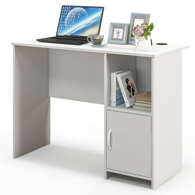 Costway Modern Computer Desk with Cabinet Cable Holes & Open Shelf ...
