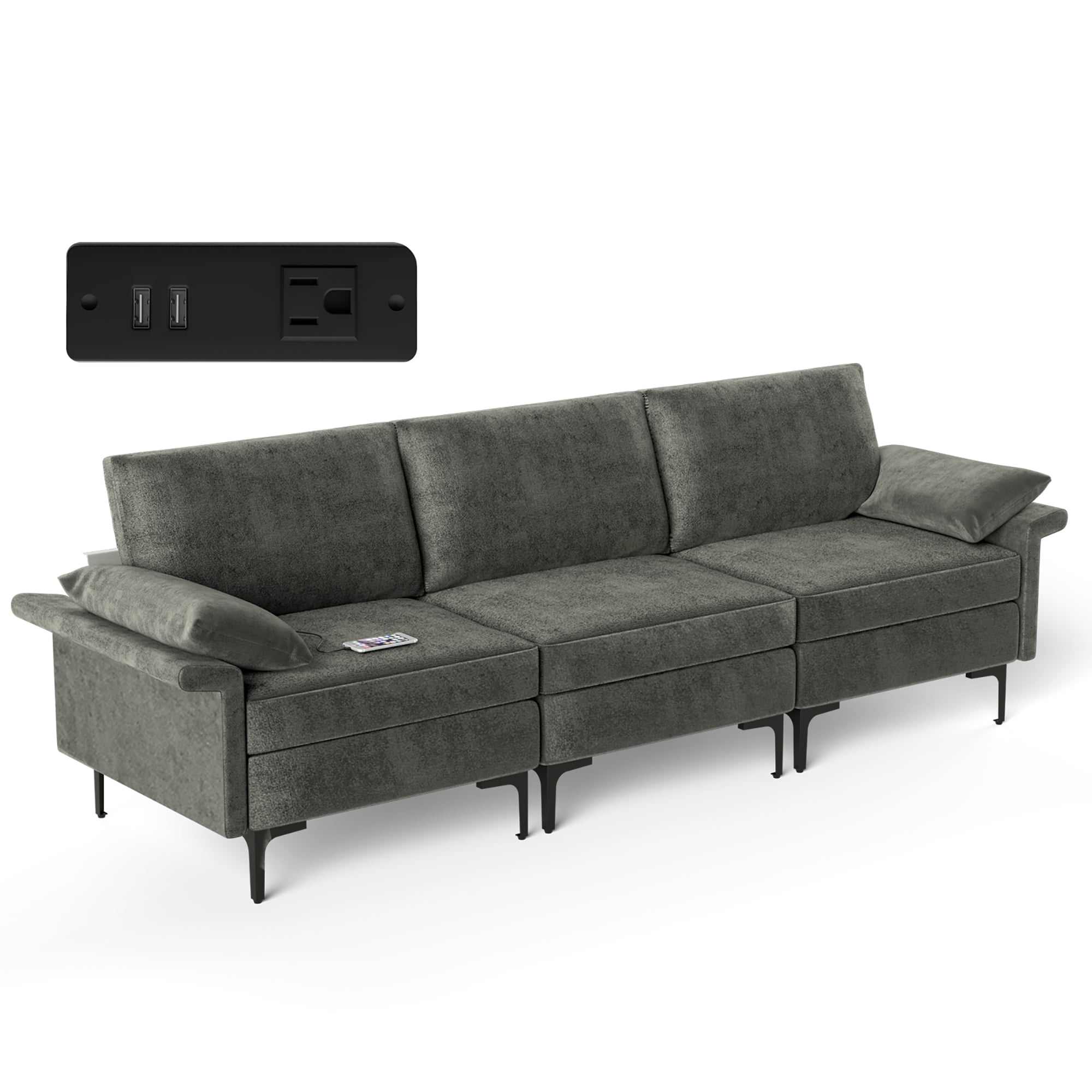 Costway Modern Modular Fabric 3-Seat Sofa Couch with Socket USB Ports ...