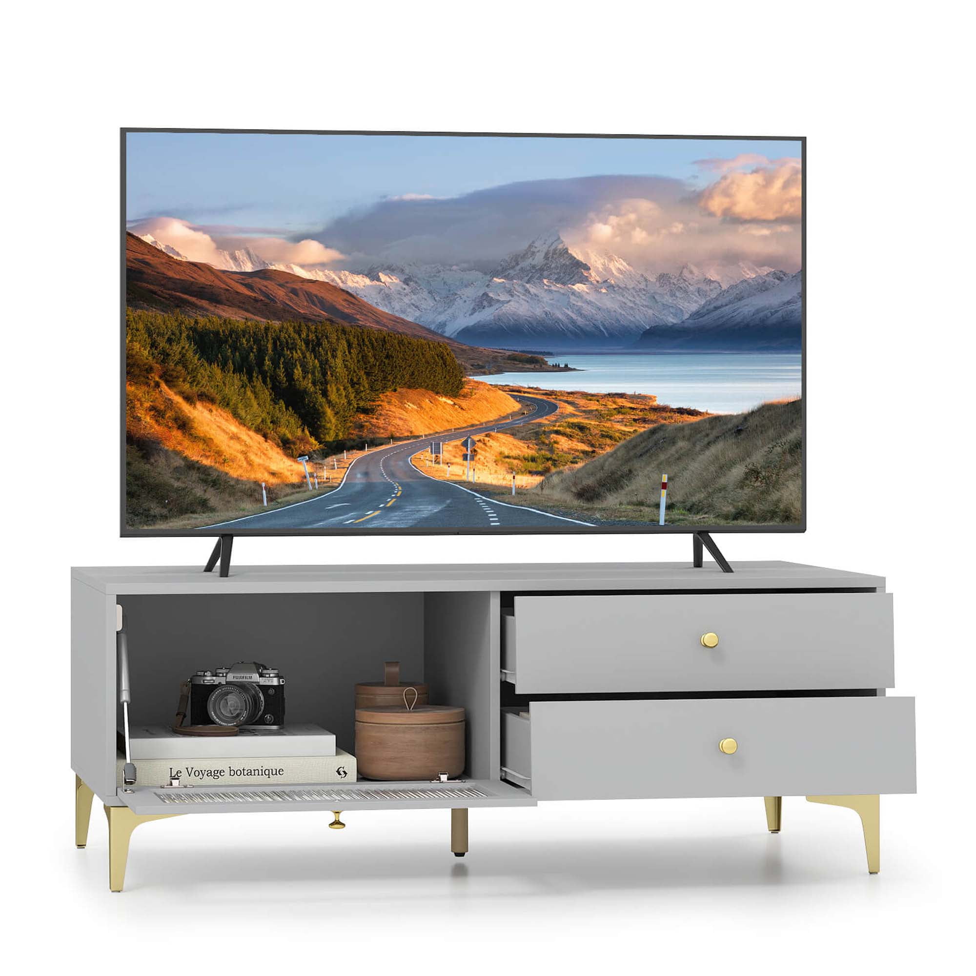 Costway Modern TV Stand for 55" TVs with Drop Down Door Cabinet 2 ...