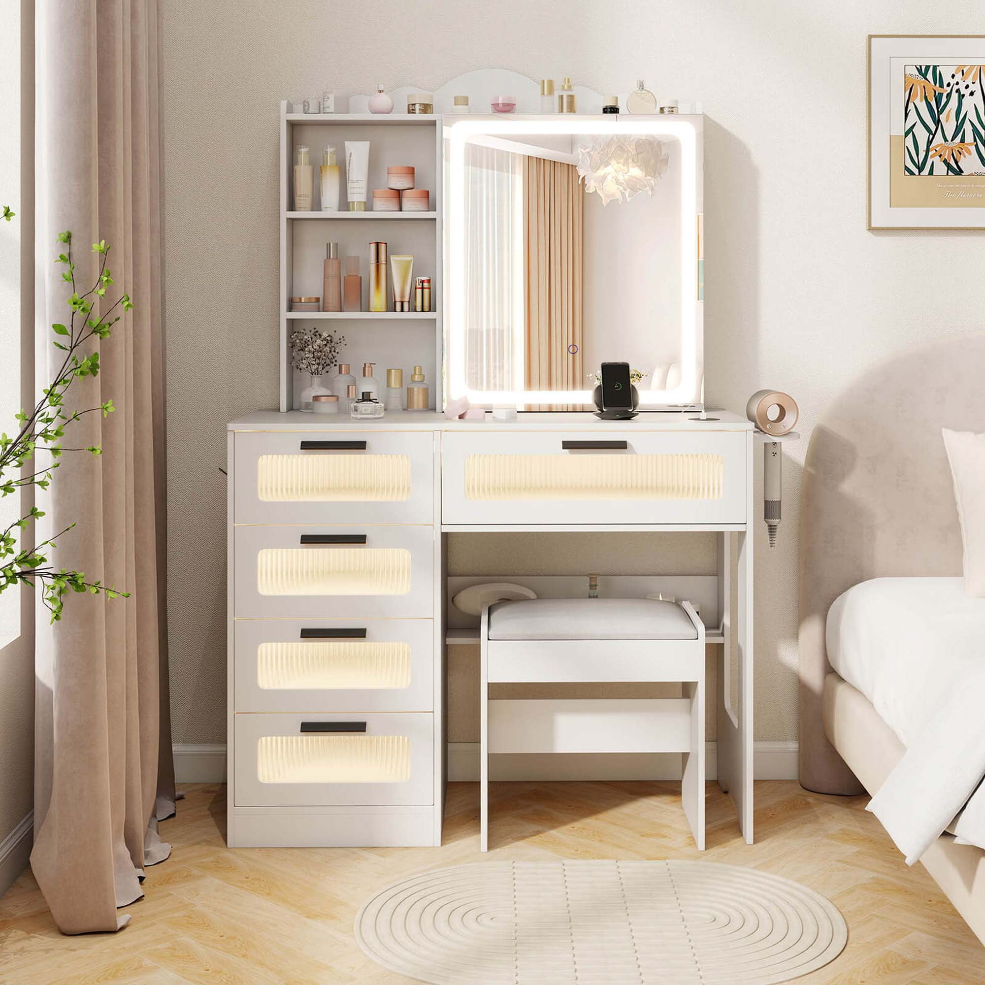 Costway Modern Vanity Desk with Sliding Mirror & Lights Stool 5 Drawers ...