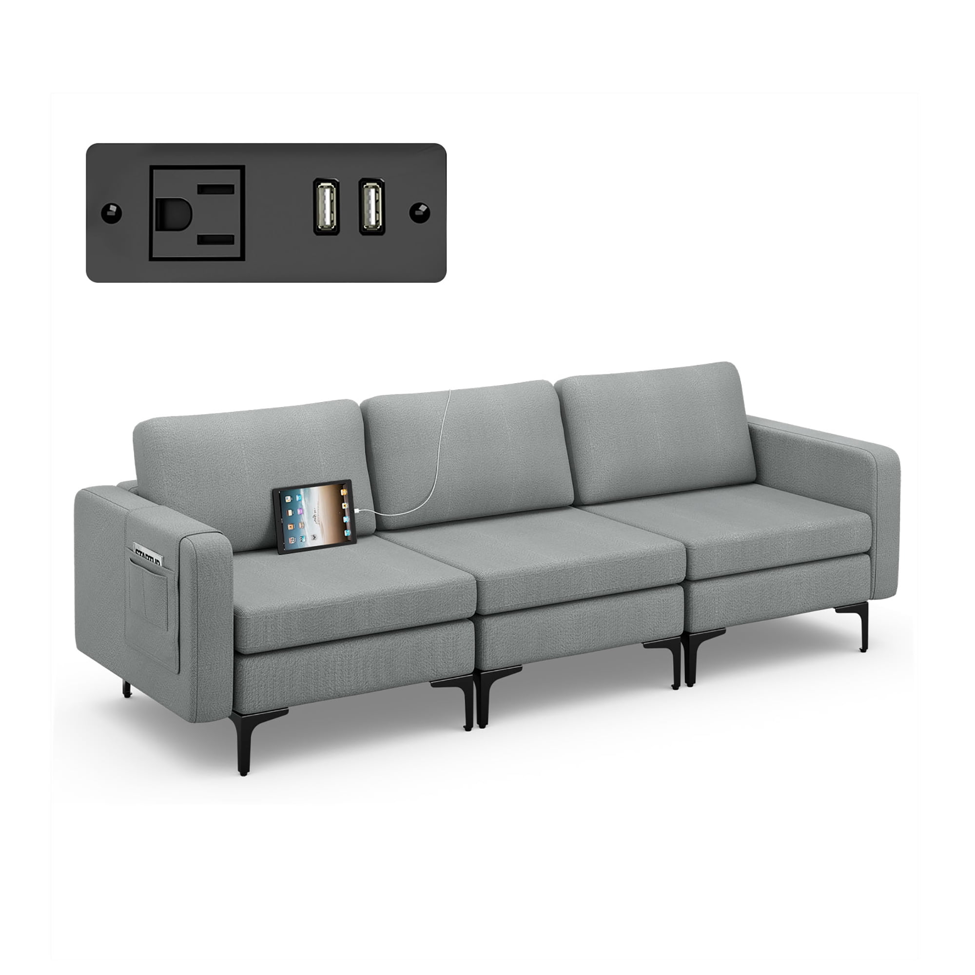 Costway Modular 3-Seat Sofa Couch w/ Socket USB Ports & Side Storage ...