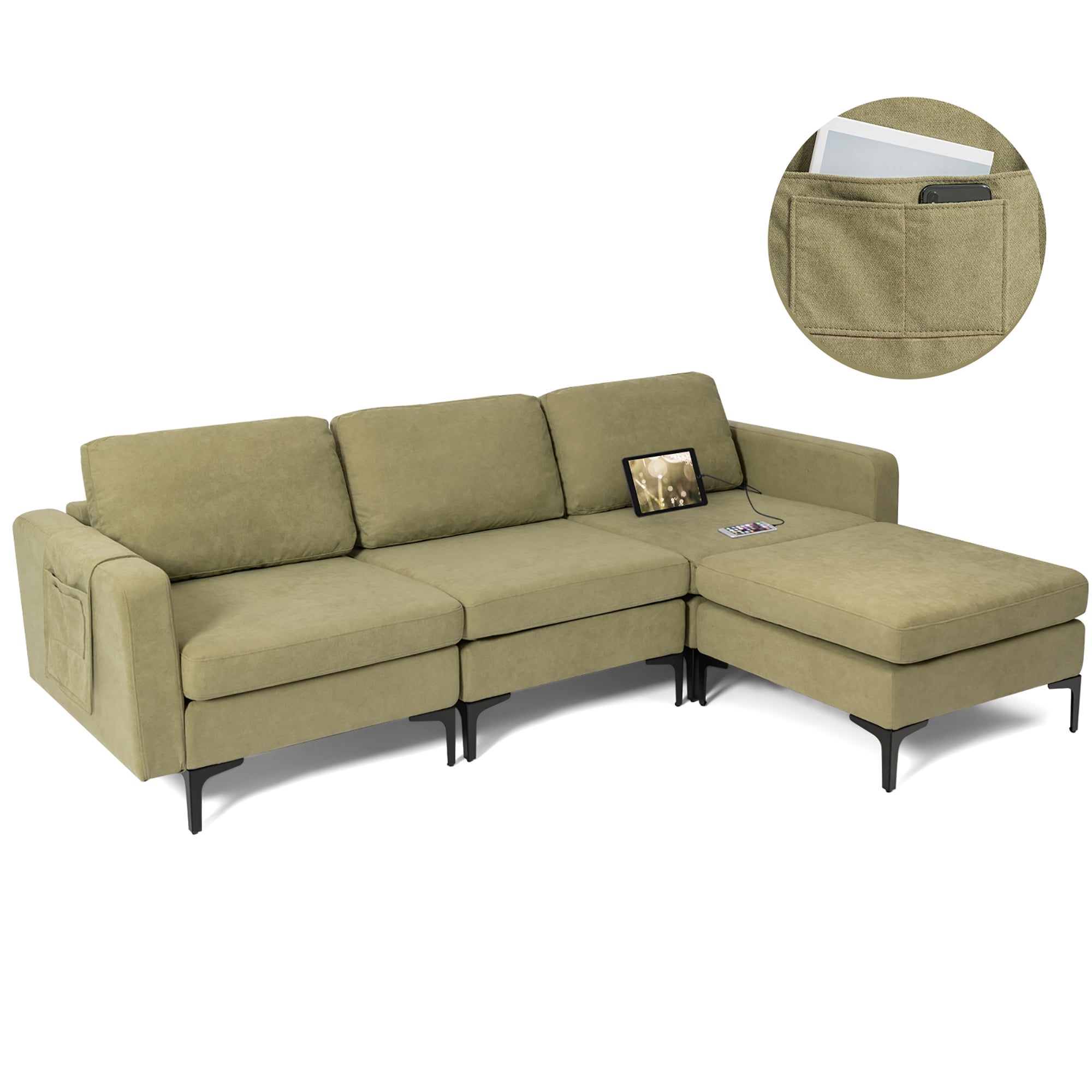 Costway Modular L-shaped 3 Seat Sectional Sofa w/ Reversible Chaise & 2 ...