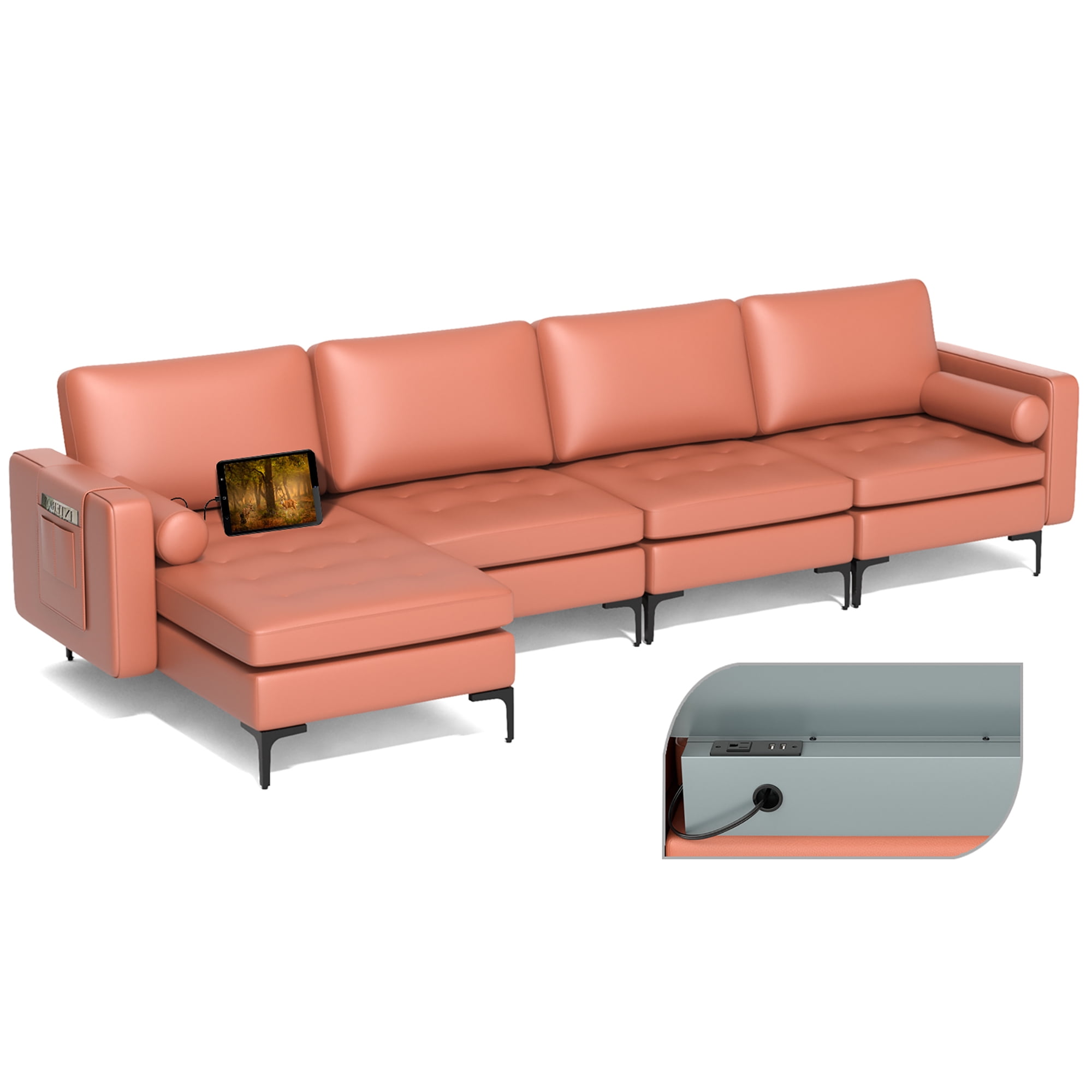 Costway Modular L-shaped Sectional Sofa with Reversible Chaise & 2 USB ...
