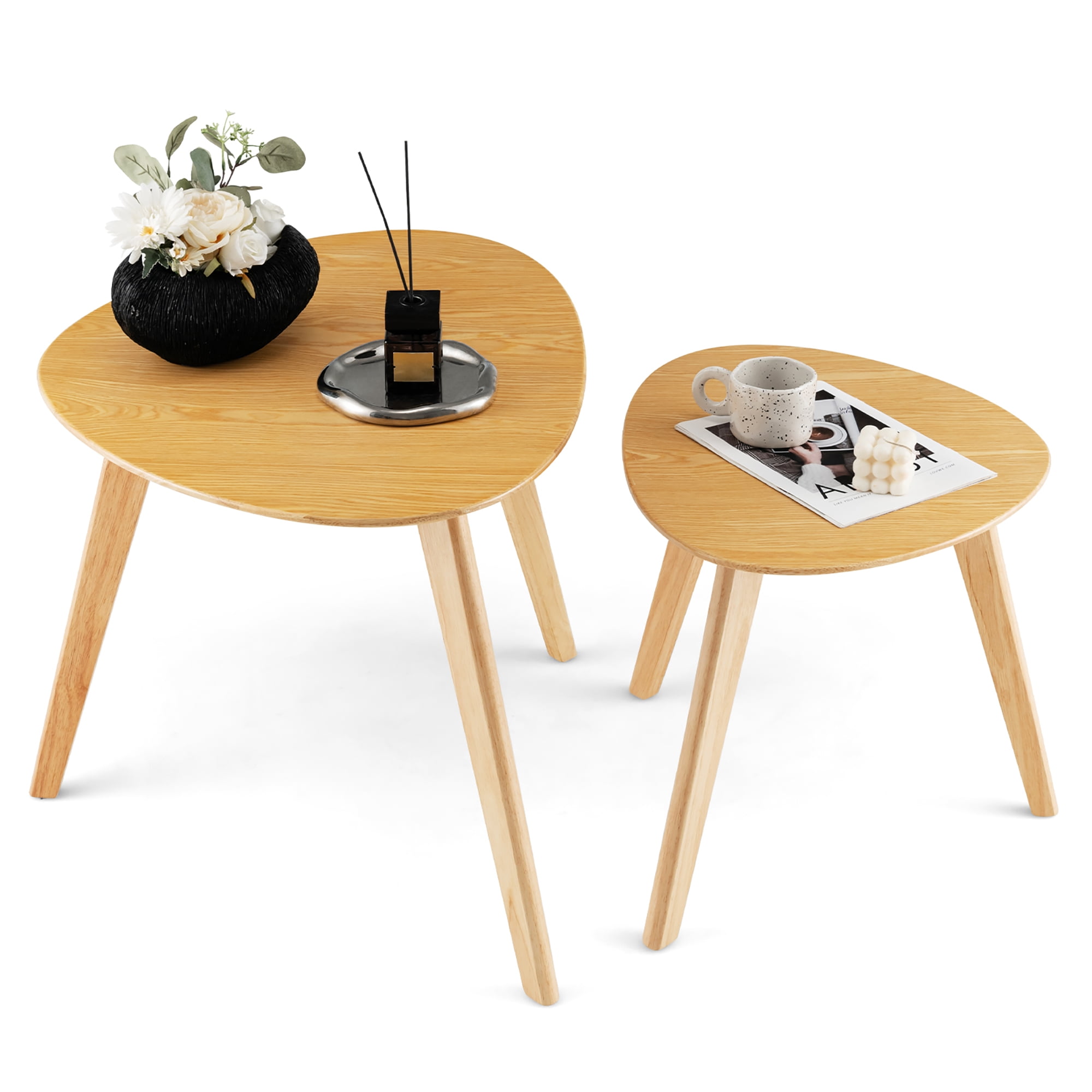 Costway Nesting Set of 2 Rubber Wood Triangle Modern Coffee Side Table ...