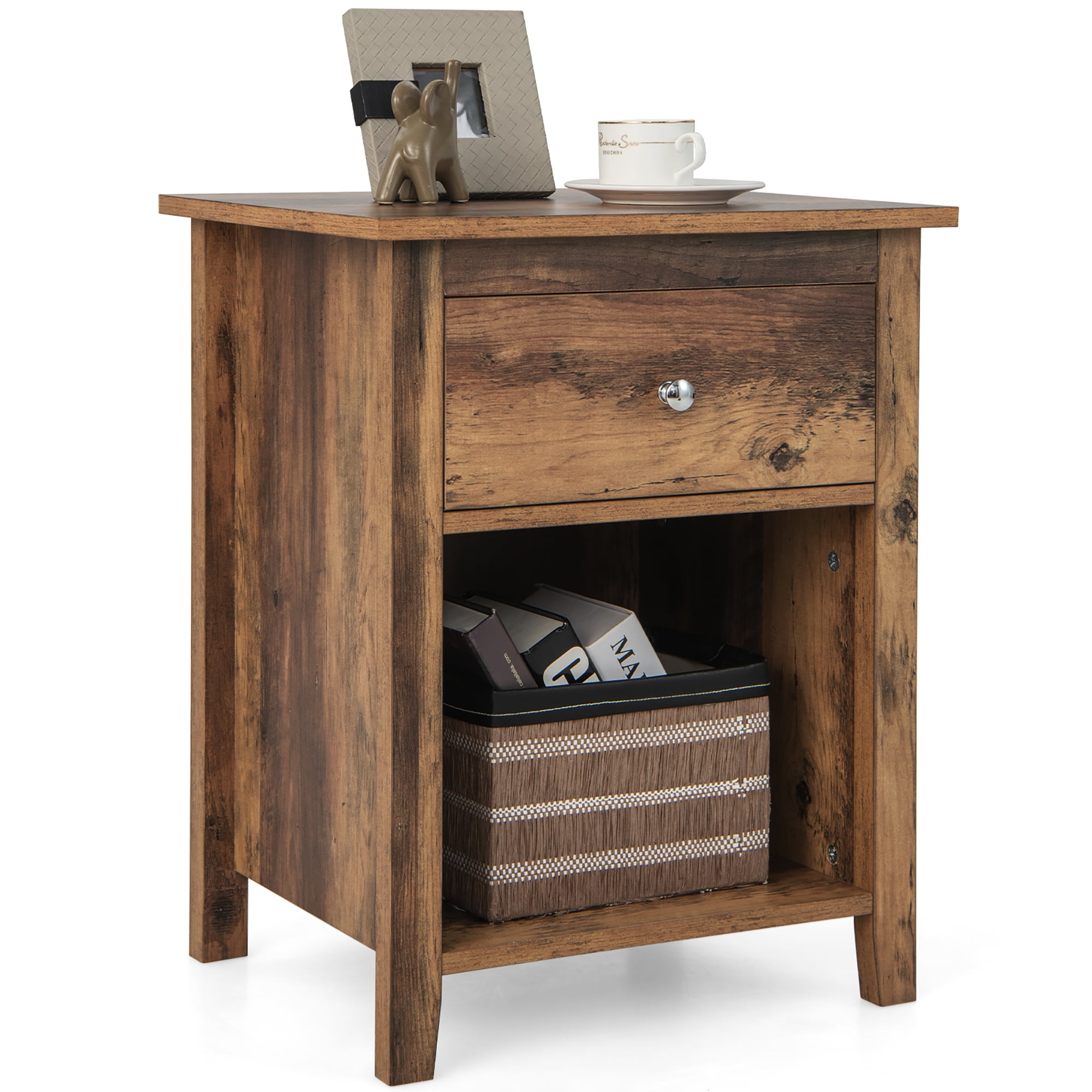 Costway Nightstand Bedside End Table with Drawer & Open Shelf Rustic ...