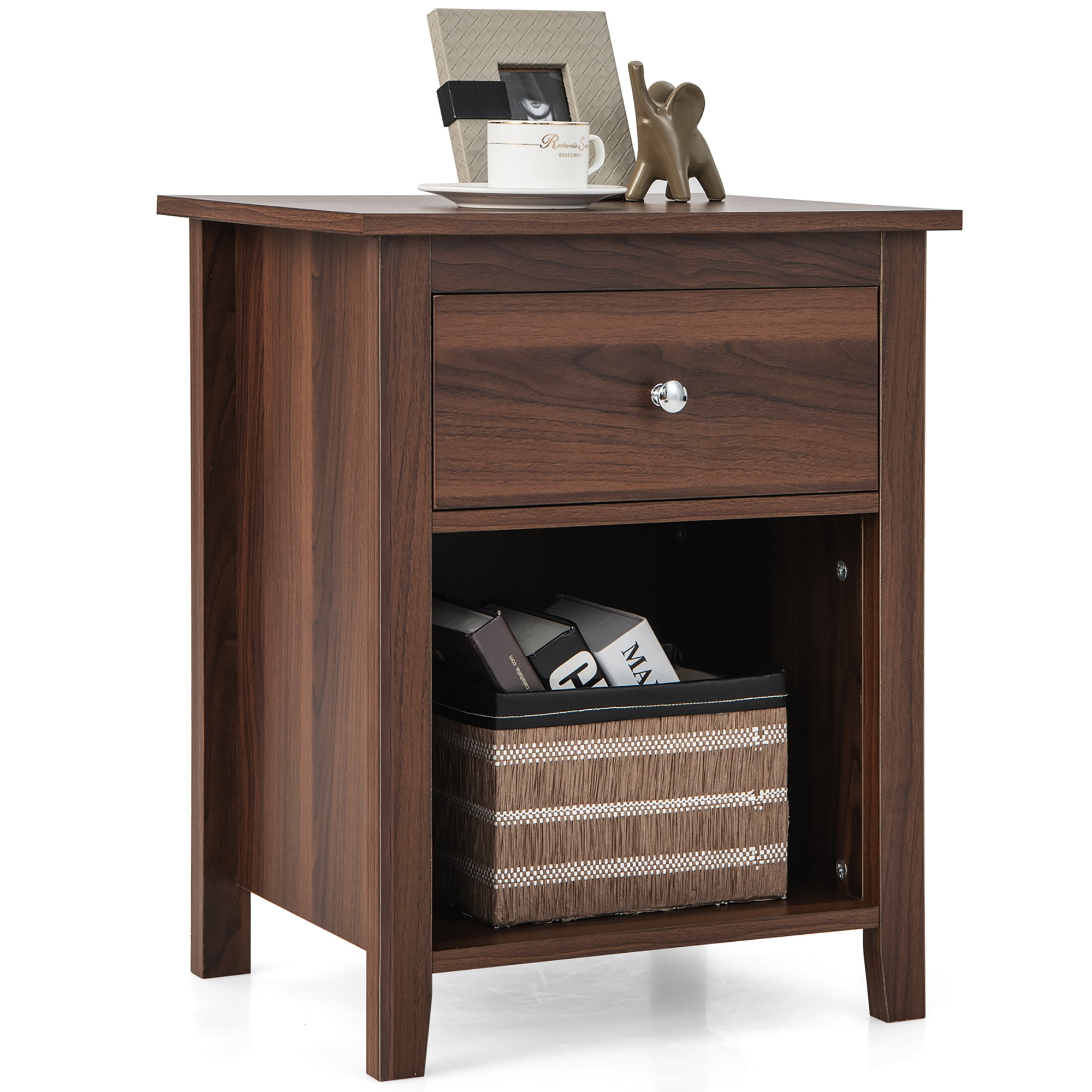 Costway Nightstand Small Bedside Table with Drawer & Open Shelf for ...