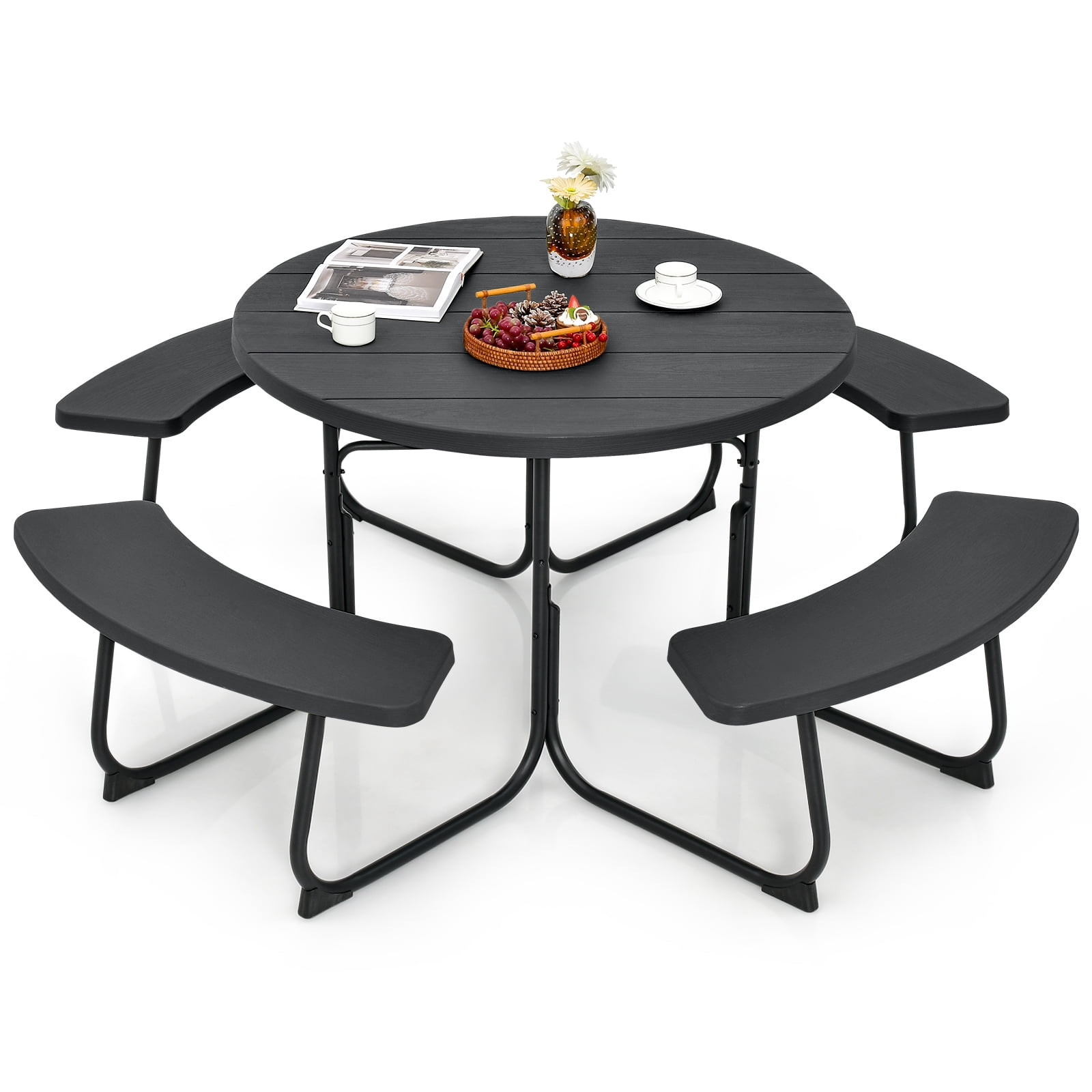 Costway Outdoor 8-person Round Picnic Table Bench Set with 4 Benches ...