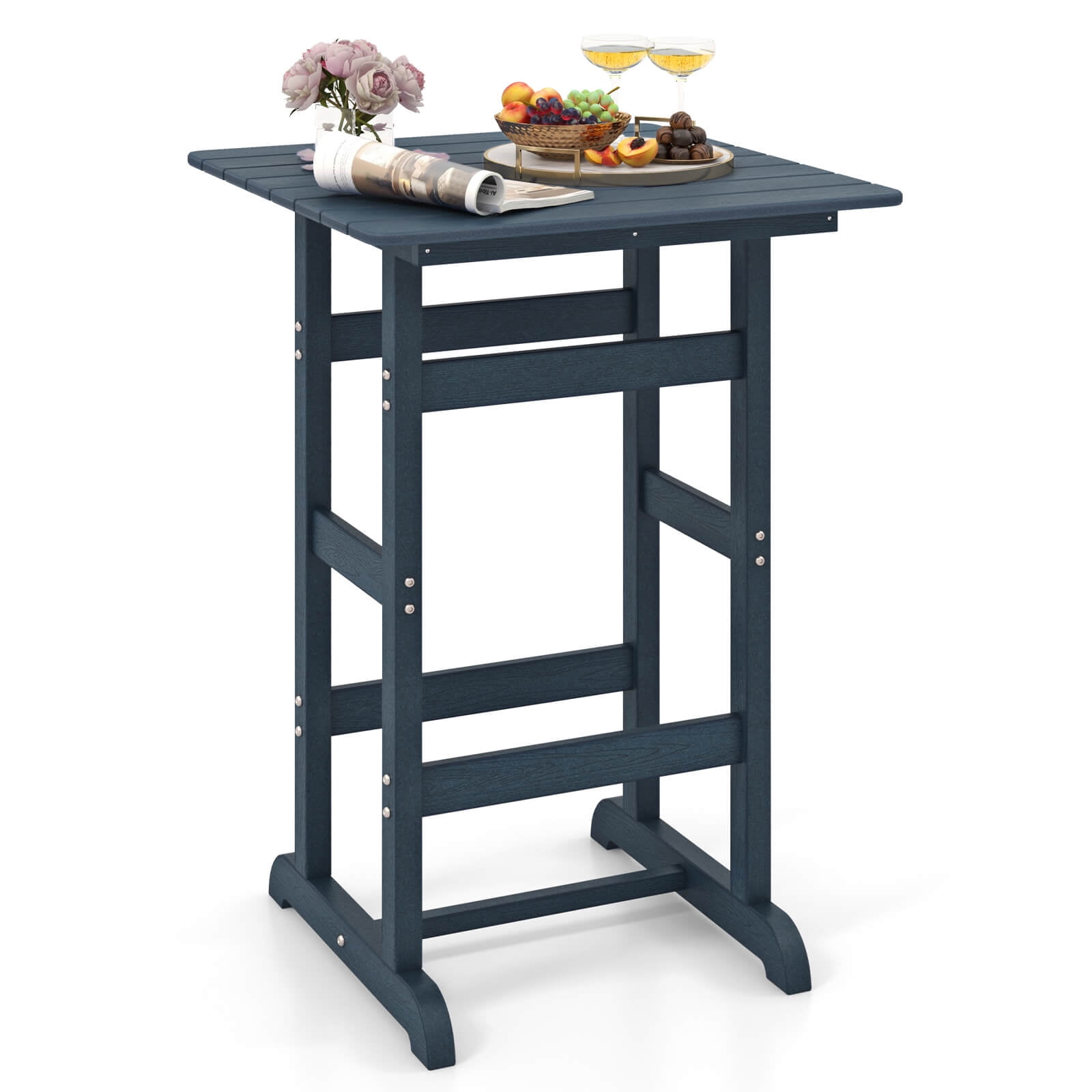 Costway Outdoor Bar Table All Weather HDPE Patio Table with Wood Grains ...