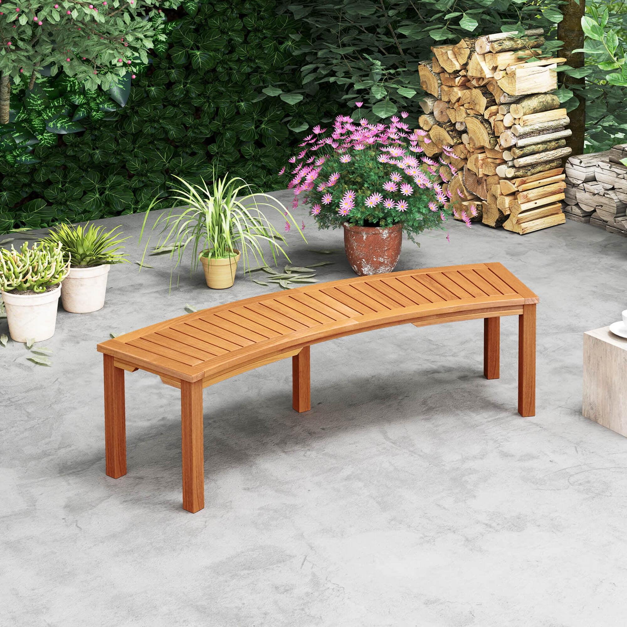 Costway Outdoor Curved Bench with Slatted Seat Solid Acacia Wood for Yard
