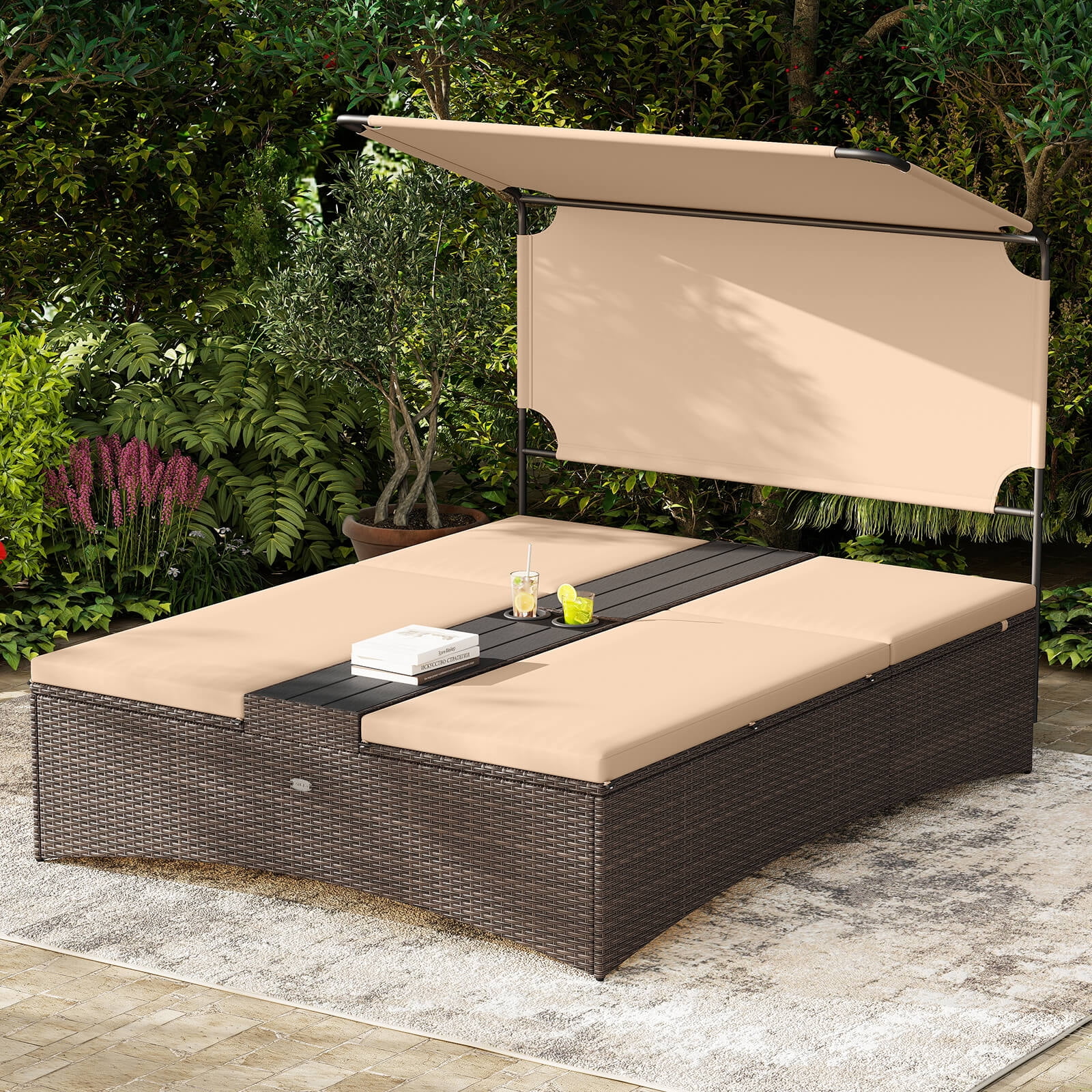 Costway Outdoor Daybed with Adjustable Backrests 2-Person PE Rattan ...