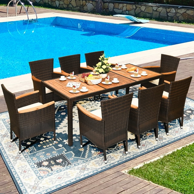 Costway 9 PCS Outdoor Patio Wicker Dining Set with Acacia Wood Table ...